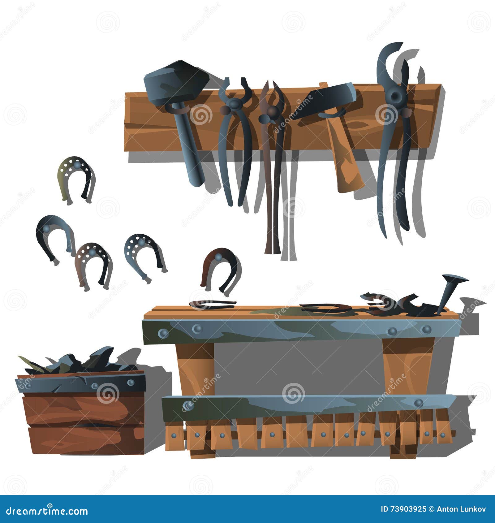 Workstation Forge, Horseshoes And Tools Cartoon Vector | CartoonDealer ...
