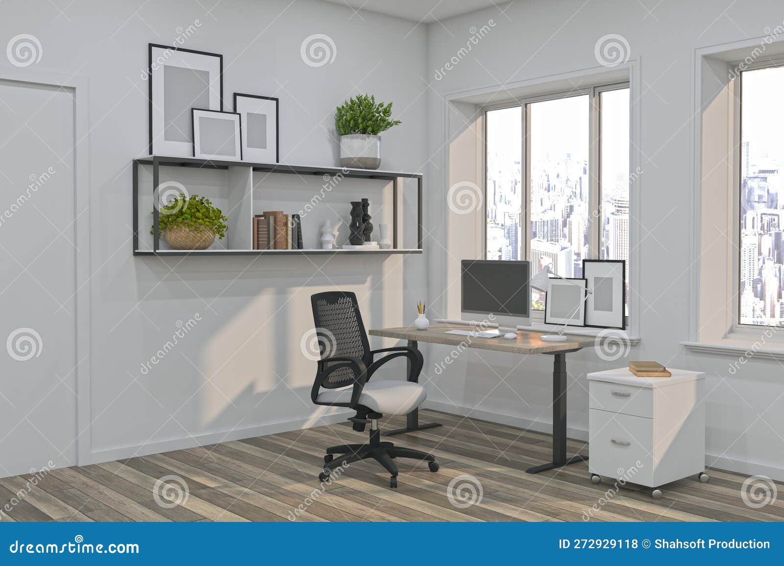 Side View Workstation with Five Frame Screen Mockup Stock Photo - Image ...