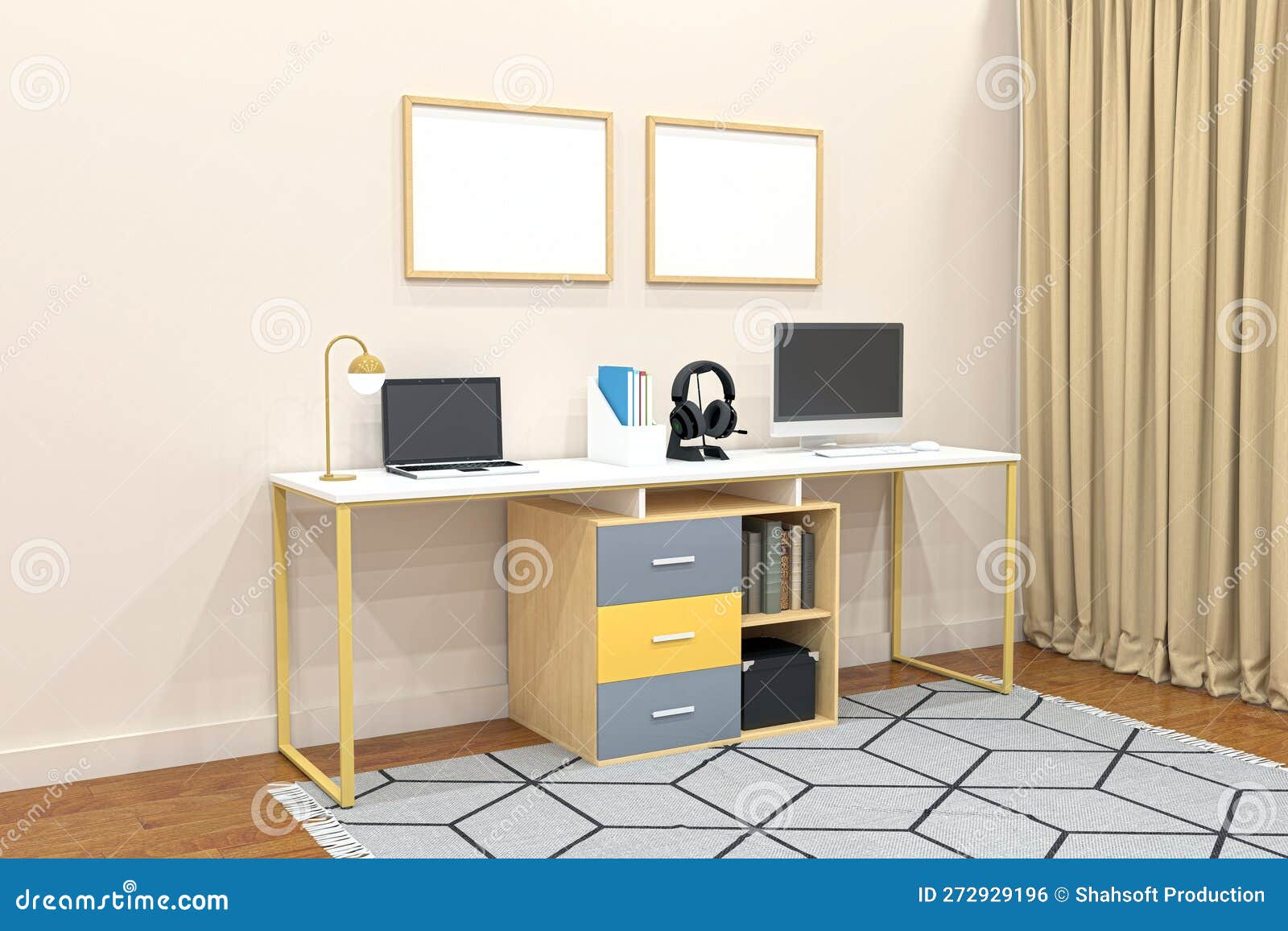 Side View Workstation with Two Frame & Two Screen Mockup Stock Photo ...