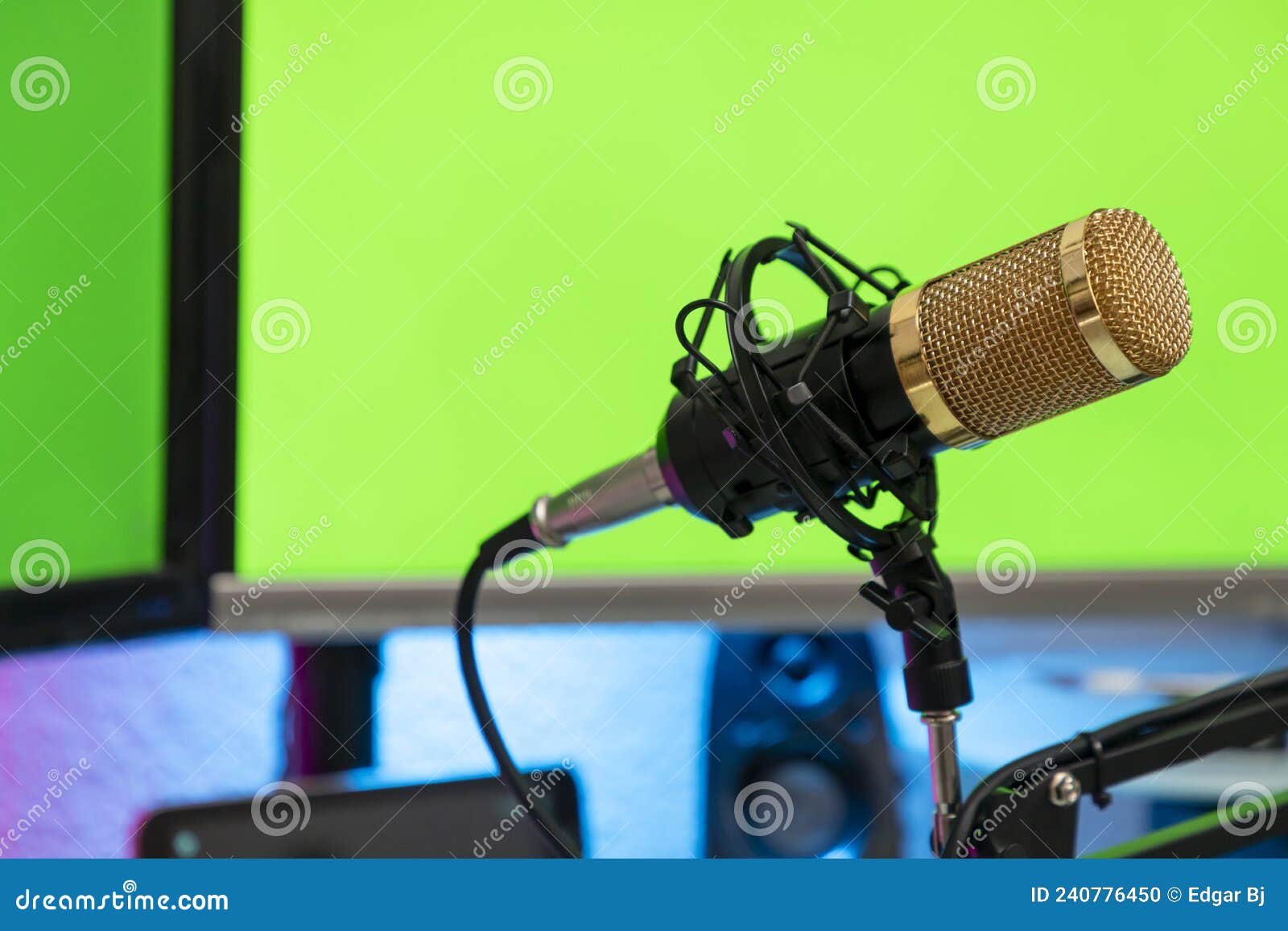 Workstation with Microphone and Monitors with Green Screen for Montage ...