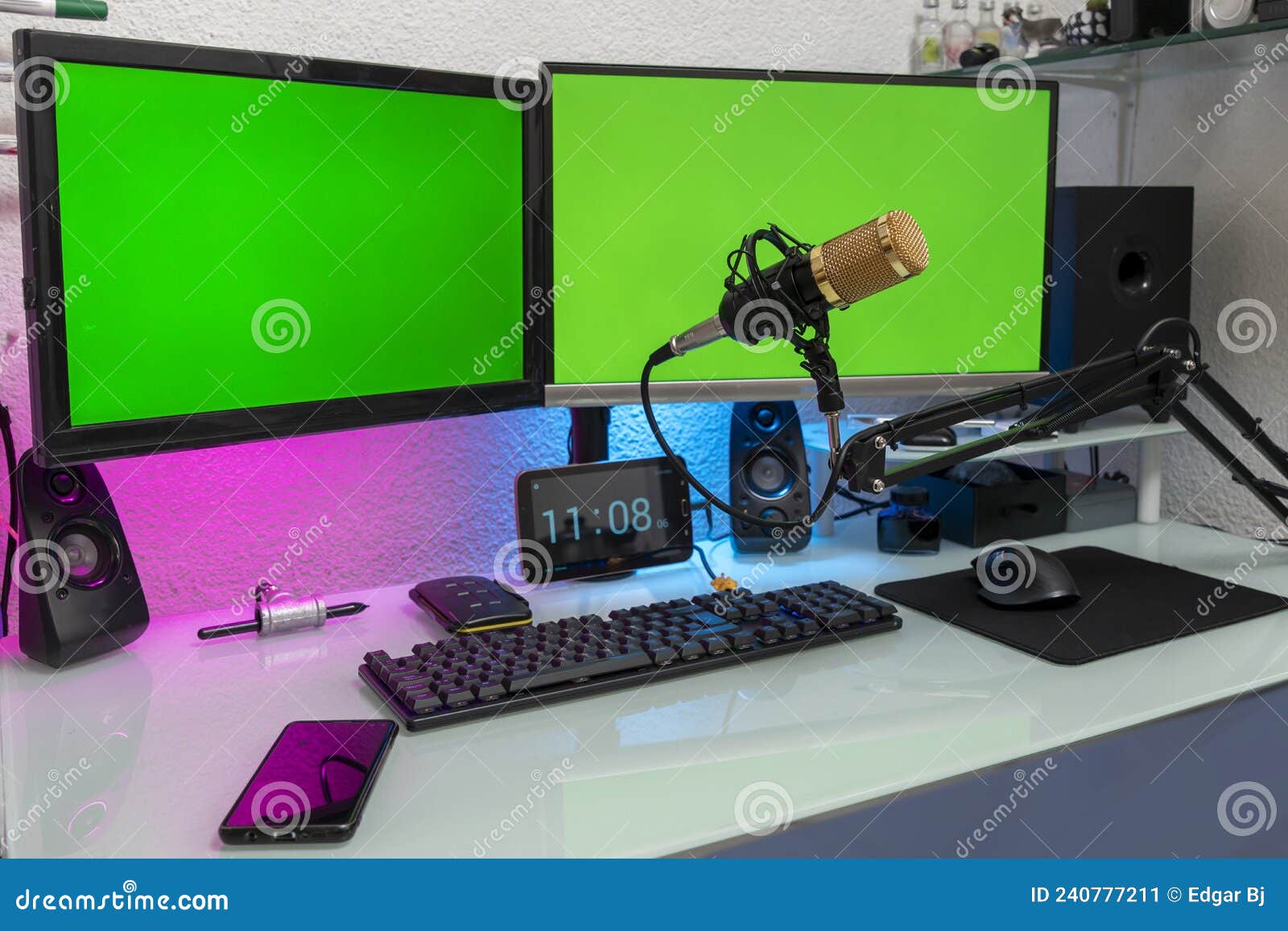 Workstation with Microphone and Monitors with Green Screen for Montage ...