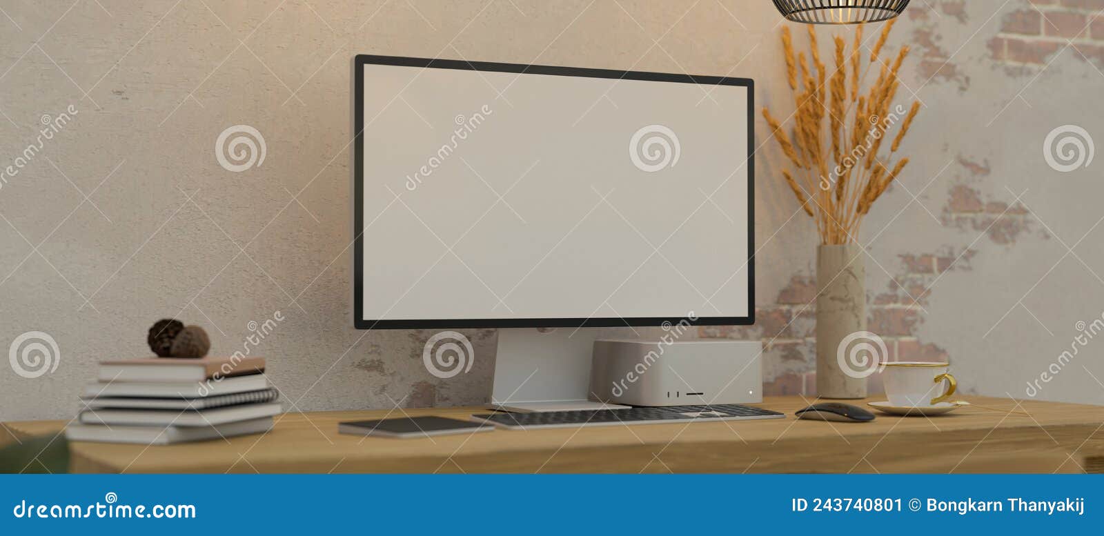 Workstation with Modern Pc Desktop Computer Mockup Against White Brick ...