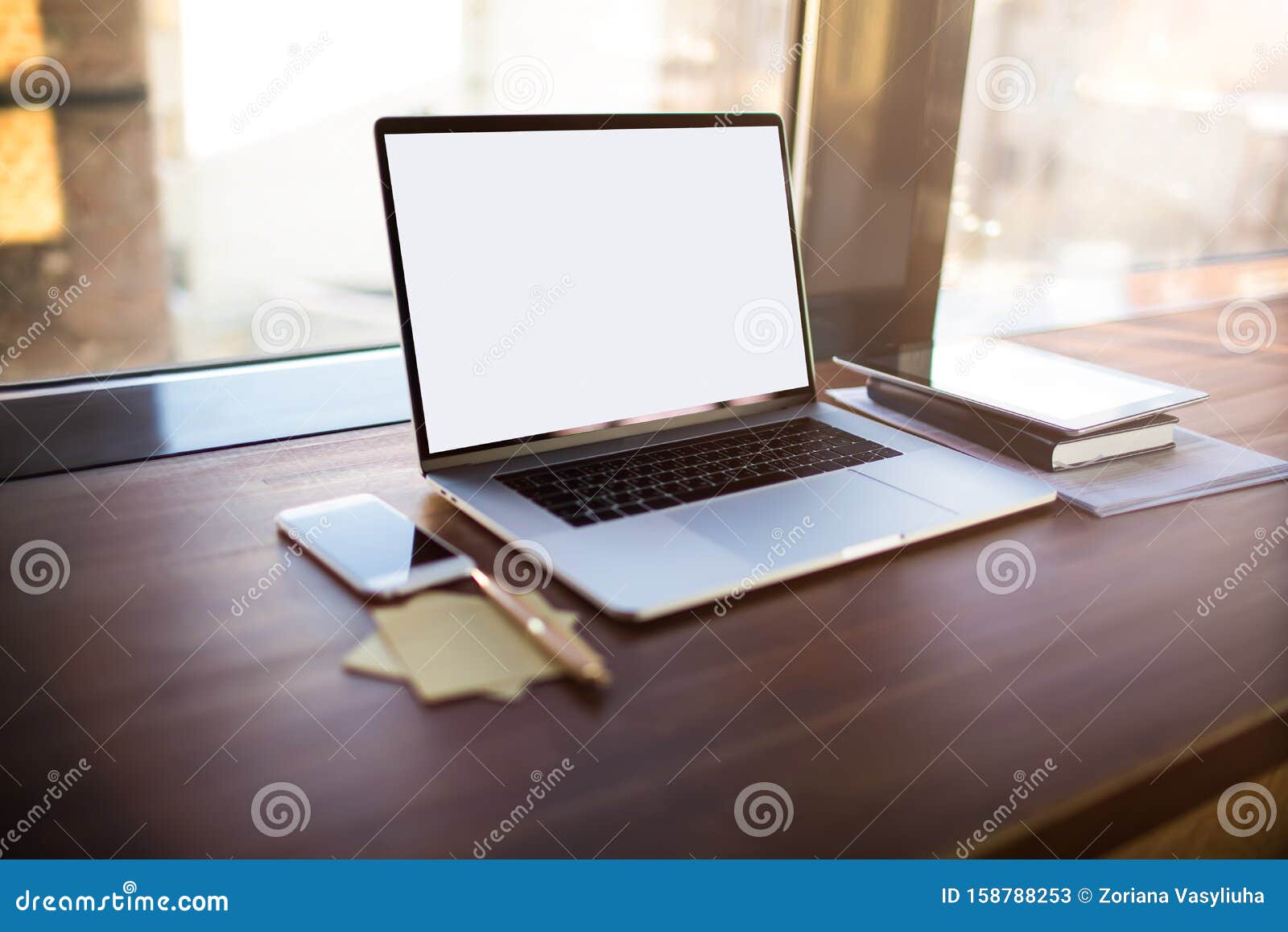 Workstation with Open Pc Laptop Computer with Blank Display Background ...