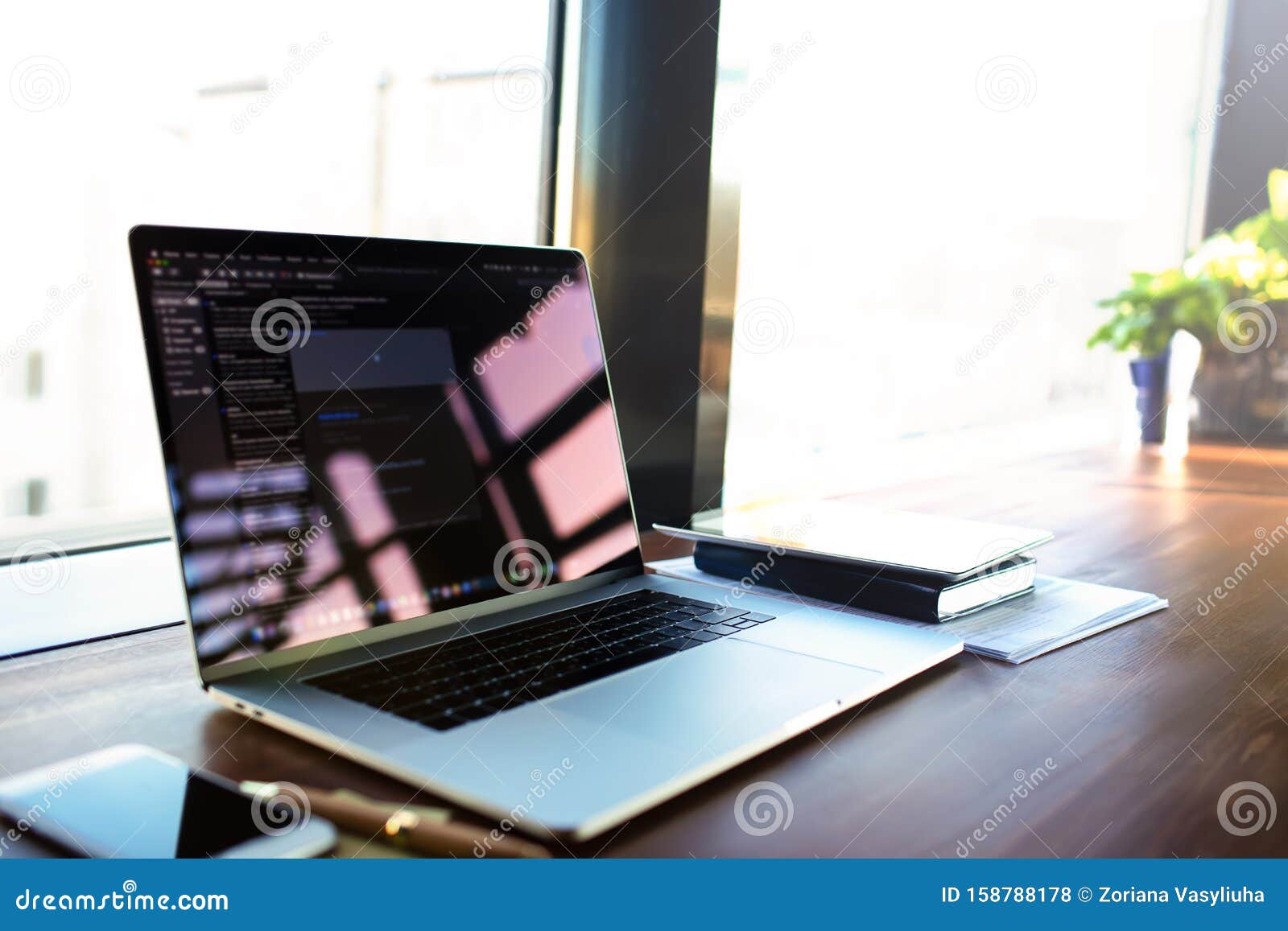 Modern Netbook Gadget on Wooden Table in Coworking Space Stock Photo ...