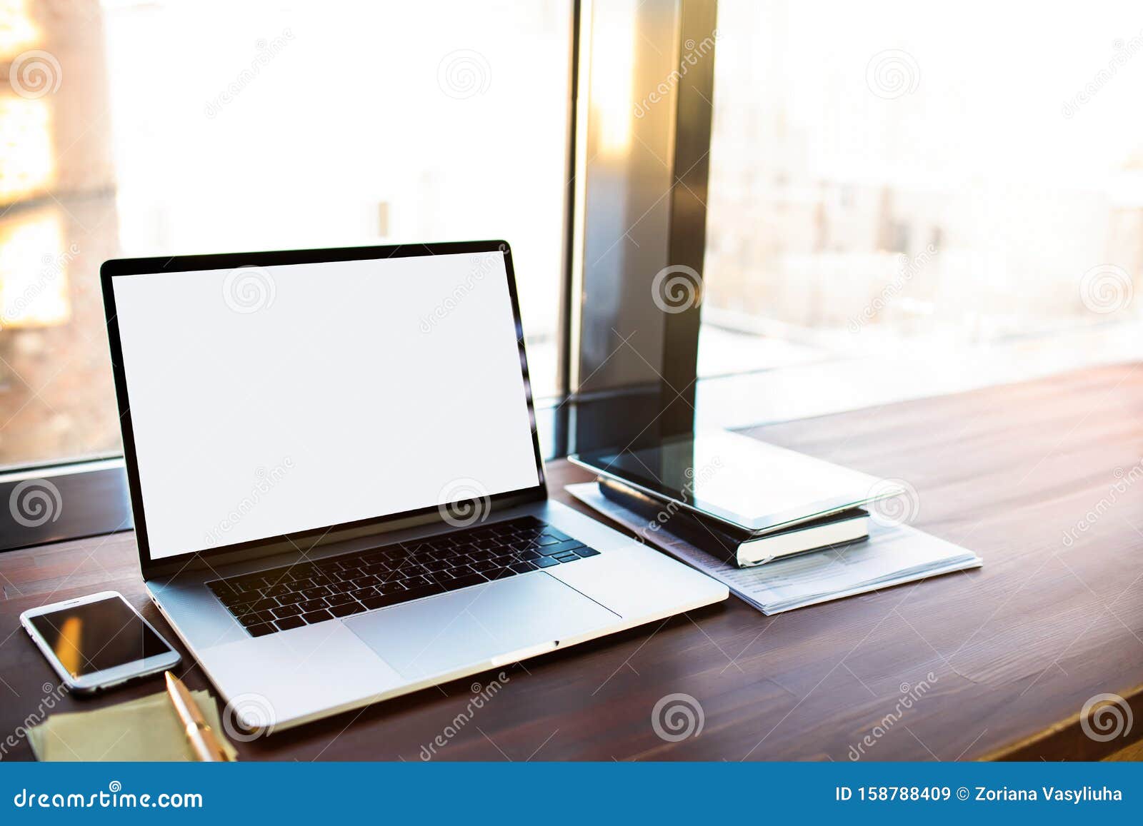 Workstation with Open Pc Laptop Computer with Empty Mock Up Copy Space ...