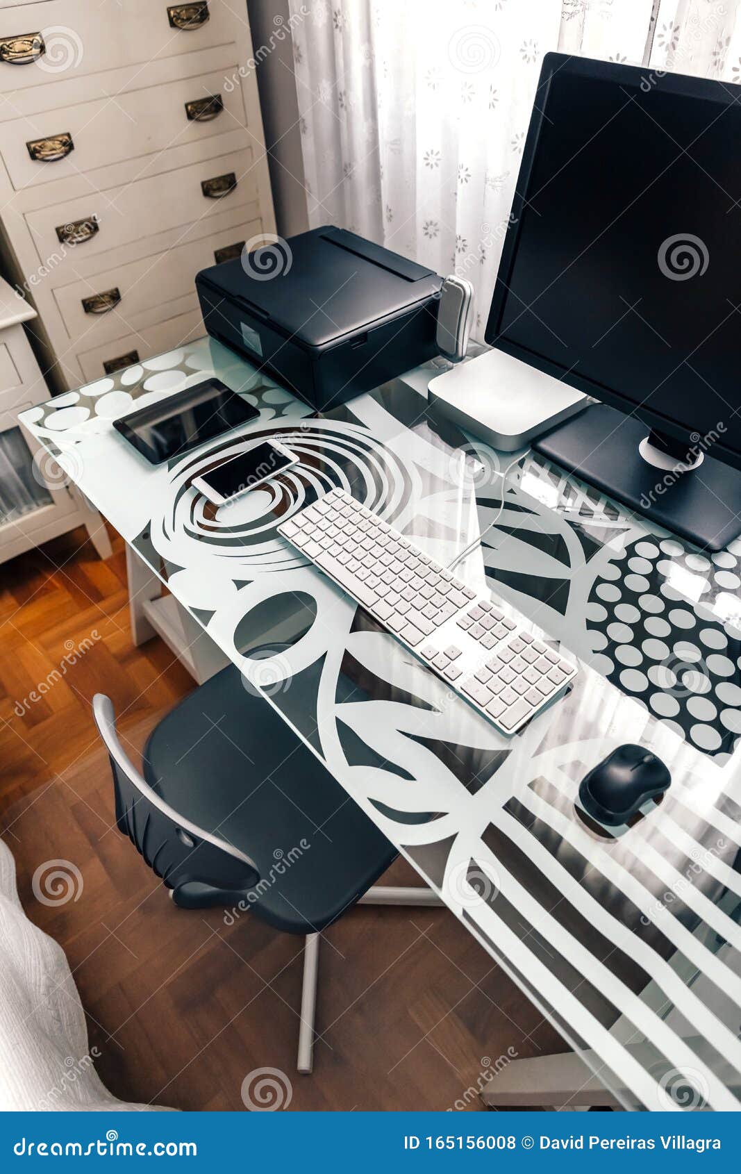Workstation with Table, Chair, Computer and Printer Stock Photo - Image ...
