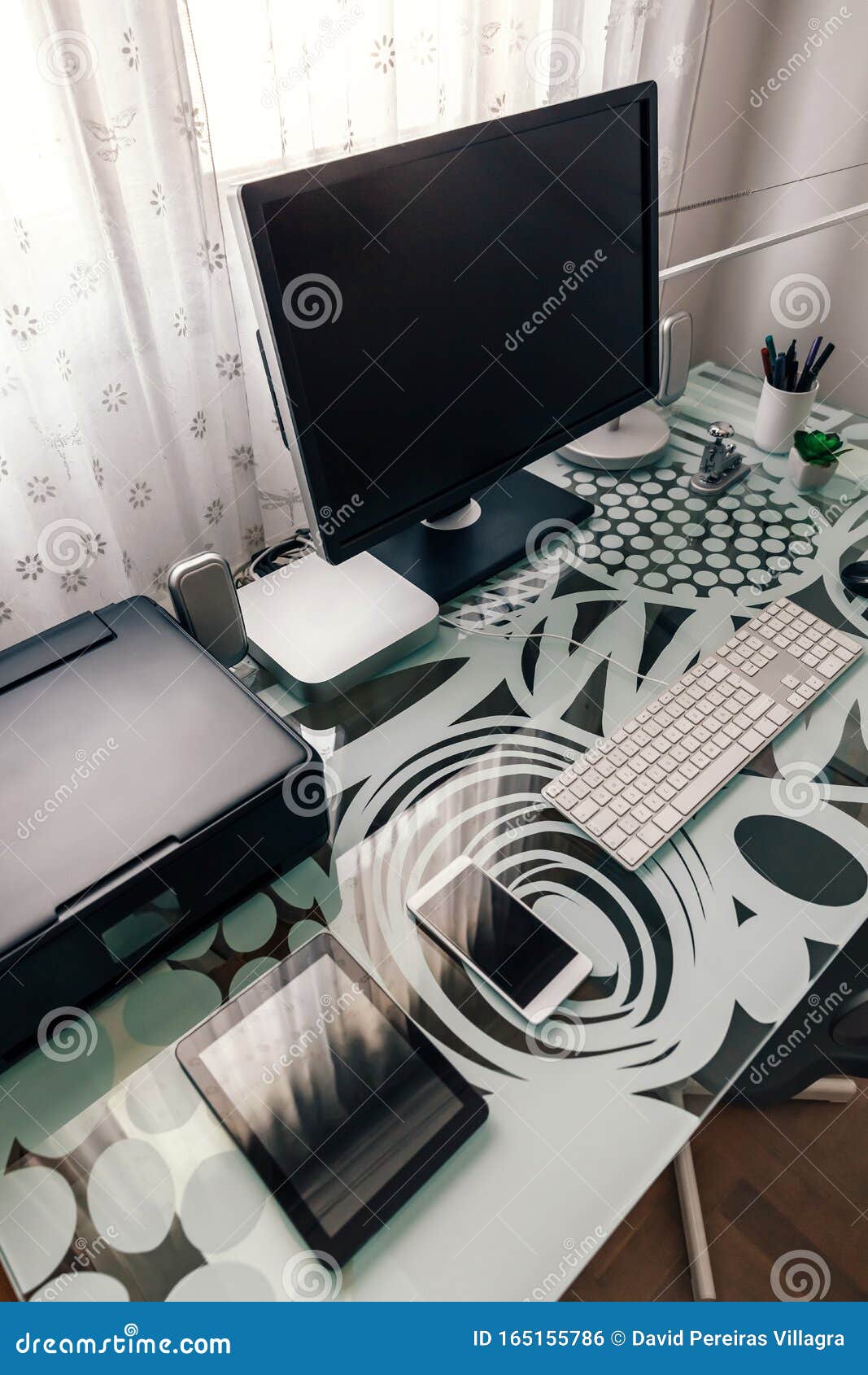 Workstation with Table, Computer and Printer Stock Photo - Image of ...