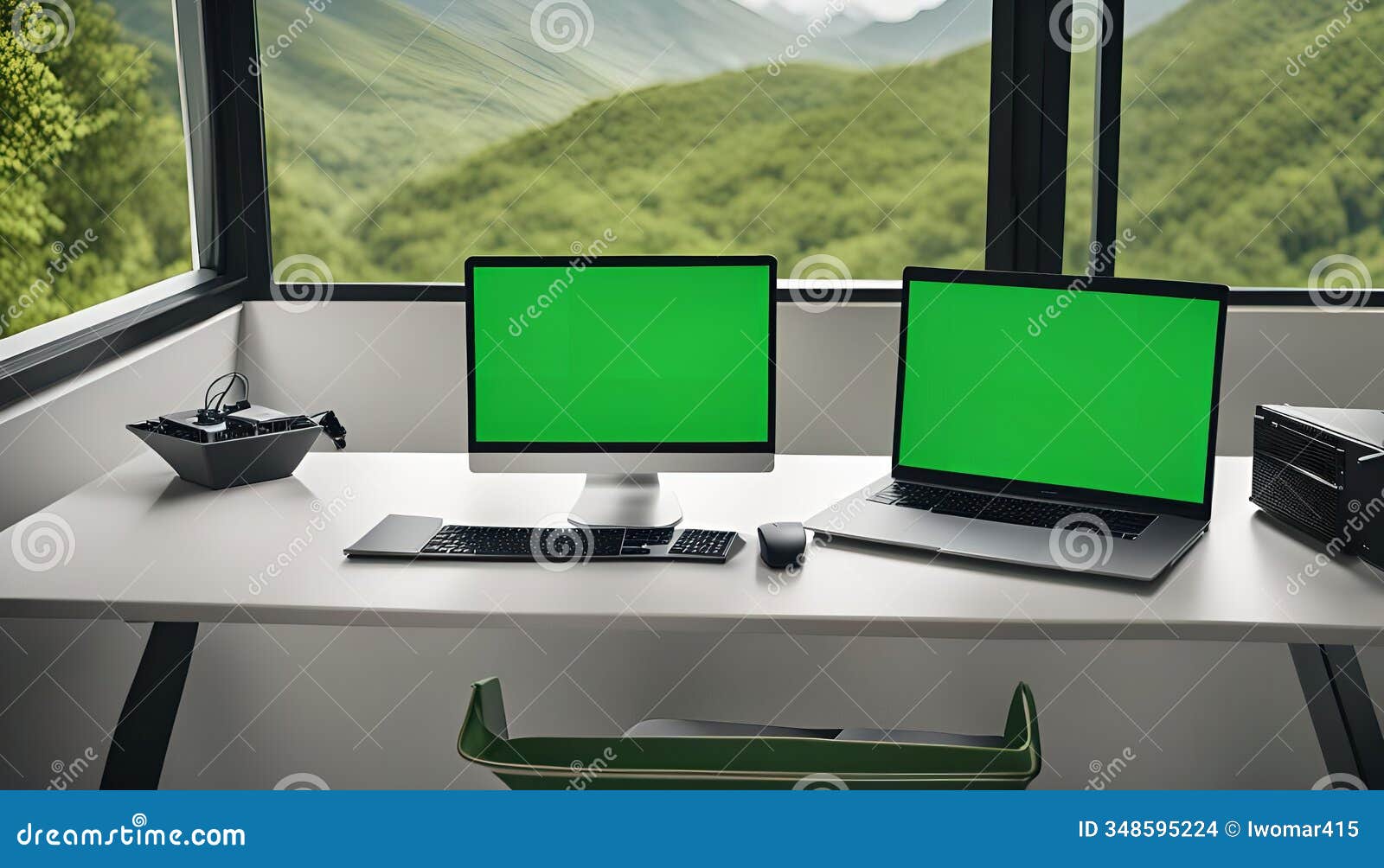 Workstation with a View: Green Screen Desk Setup Stock Illustration ...