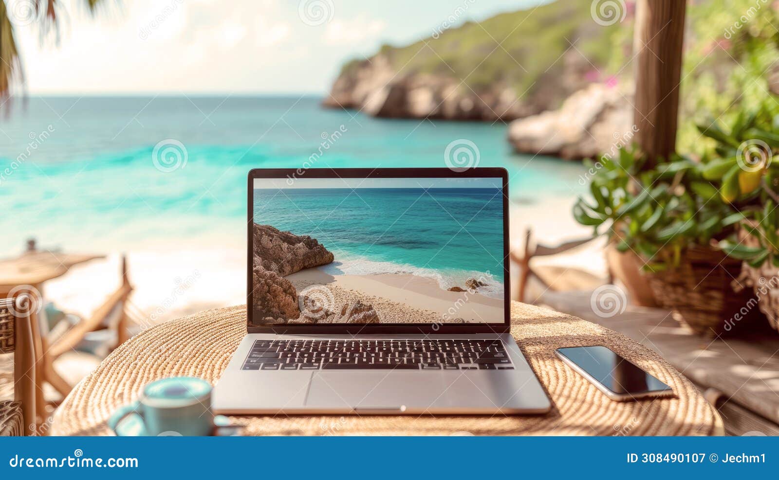Workstation with a View: Laptop on Beachside Table Stock Illustration ...