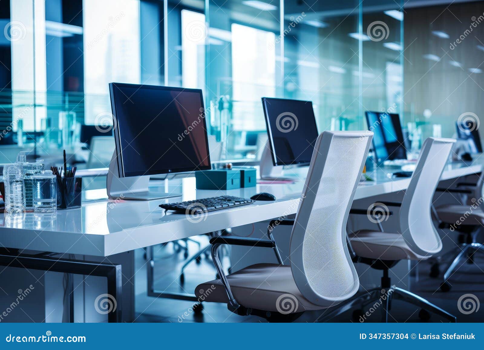 Two Workstations In A Modern Office With Large Windows Royalty-Free ...