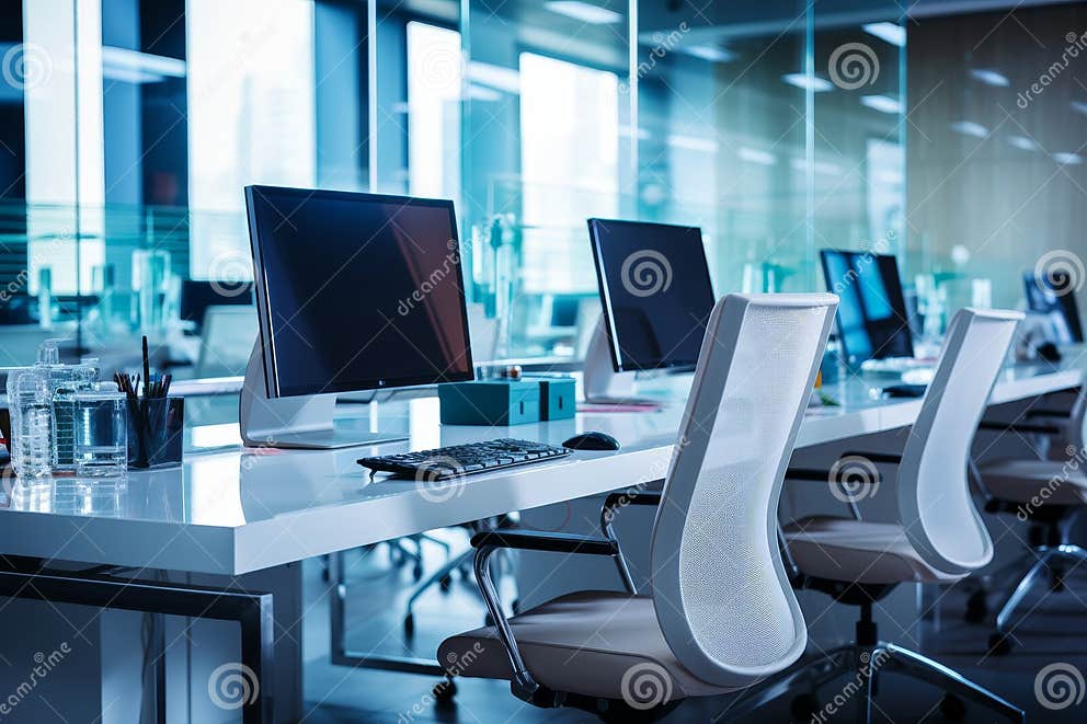 Workstations with Computers in a Modern Office Building Stock ...