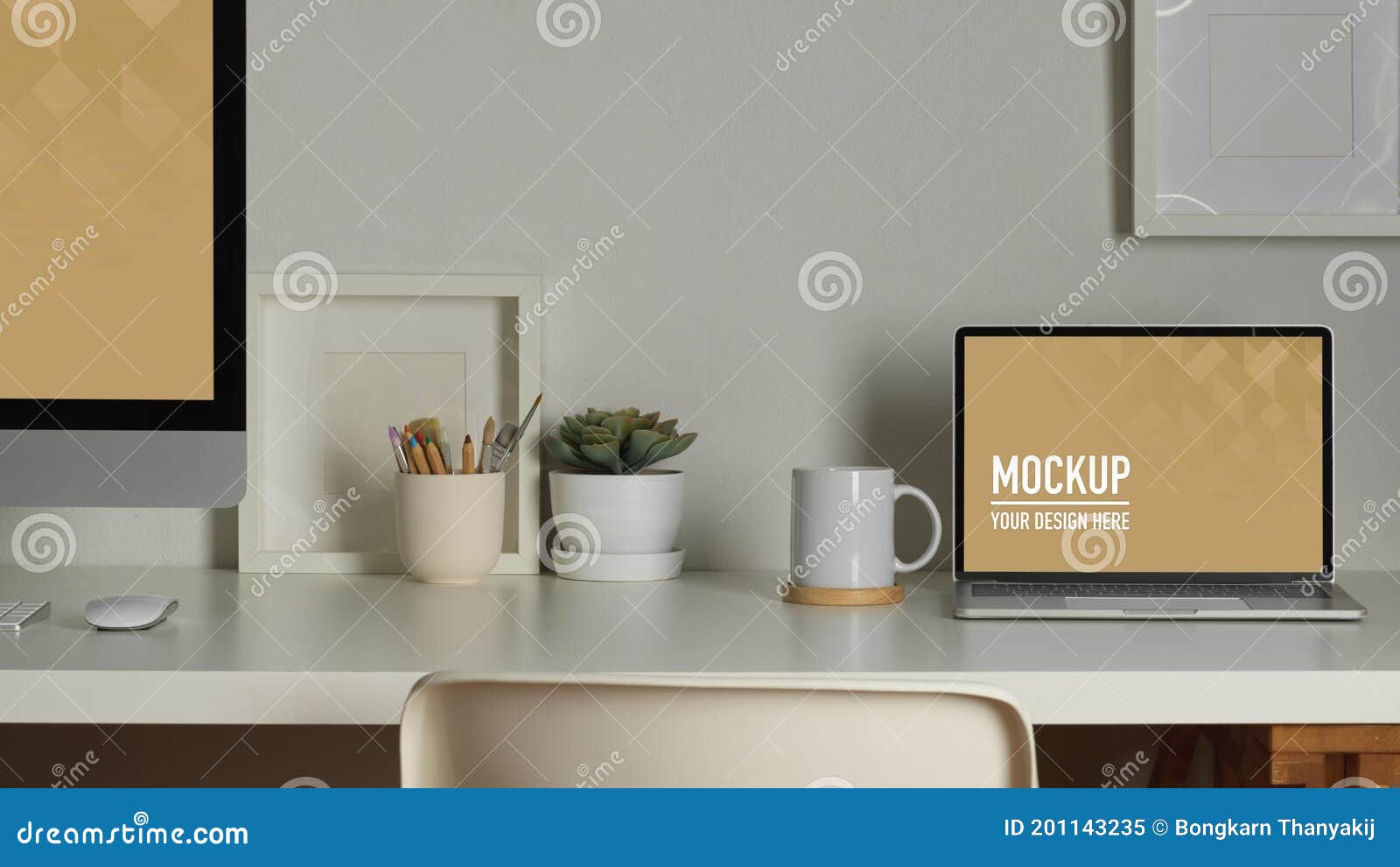 Worktable with Computer, Laptop, Decorations and Copy Space, Clipping ...
