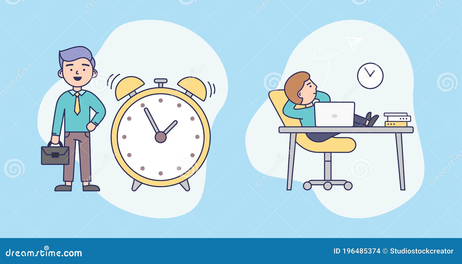 Workweek and Weekend Difference Concept. Male Characters Spending Time ...