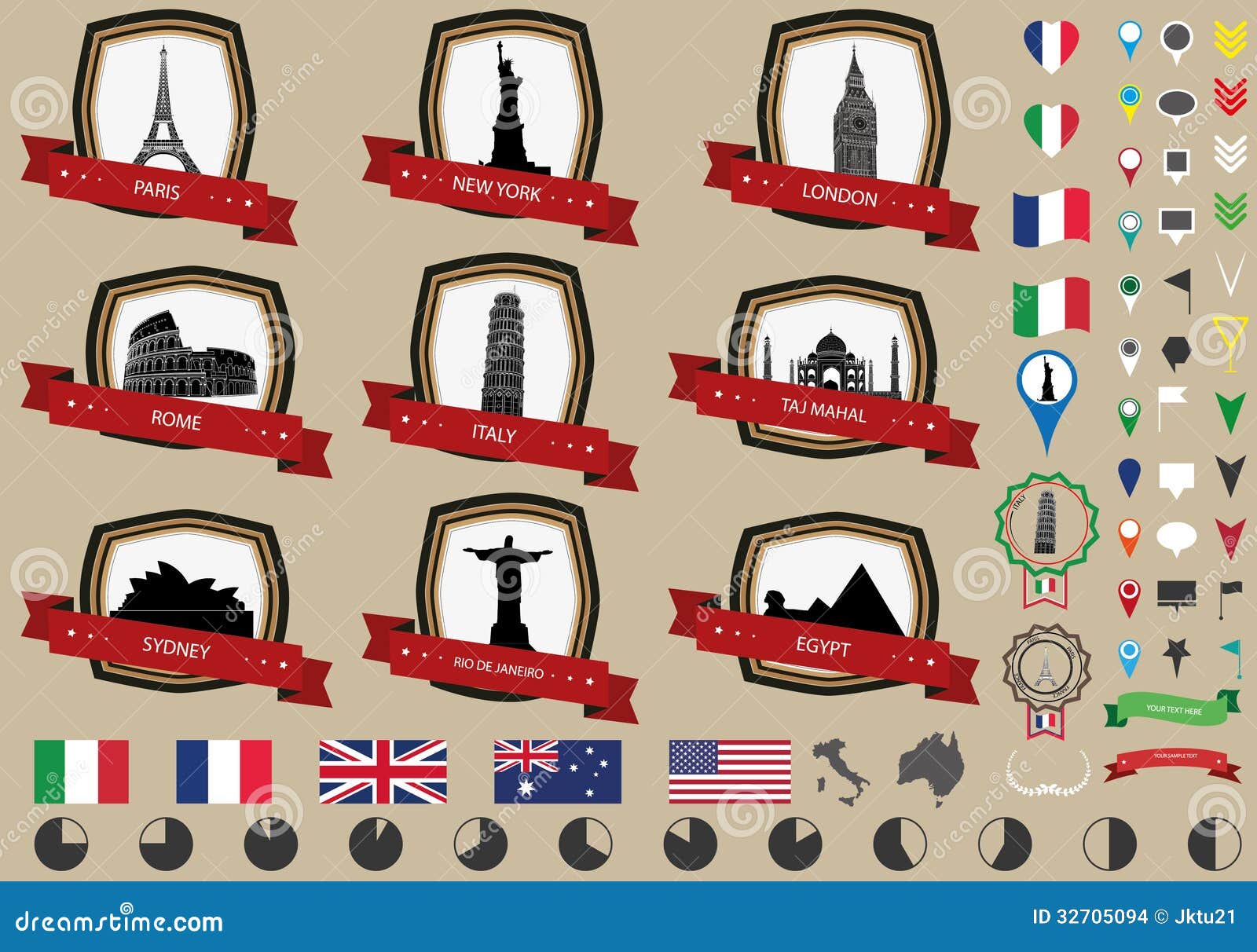 Flags And Sights Of Different Countries Icons In Set Collection For ...