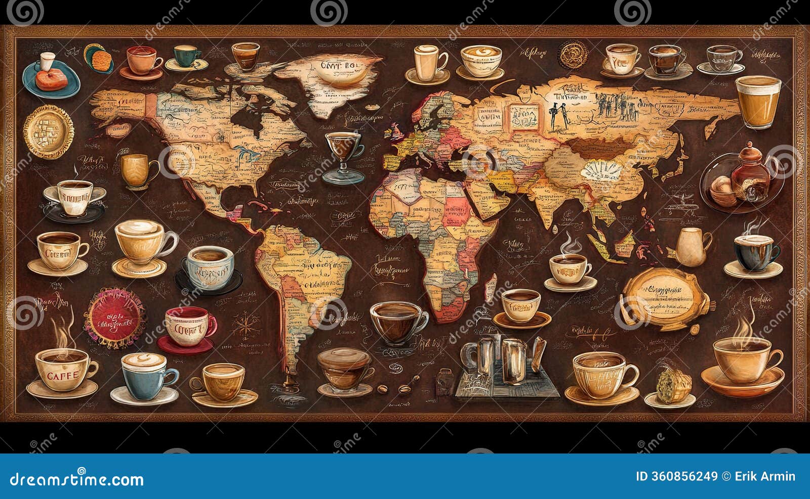 World Coffee Map Drinks, Origins, History Stock Image - Image of print ...