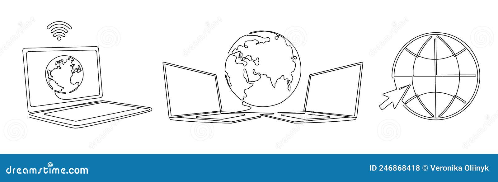 World with Connected Computers. One Line Laptop with Worldwide Intertet ...