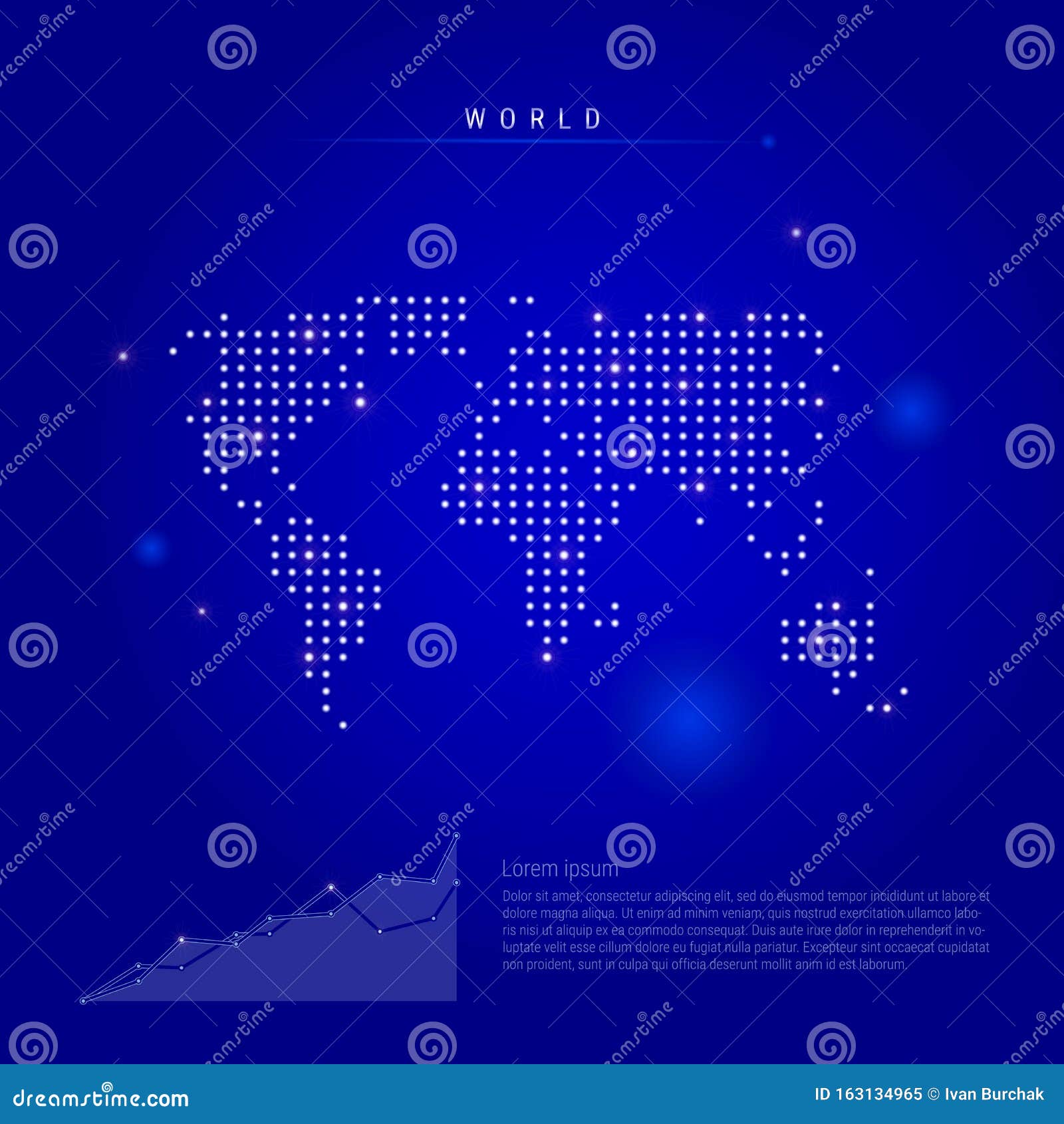 World Continents Illuminated Map with Glowing Dots. Dark Blue Space ...