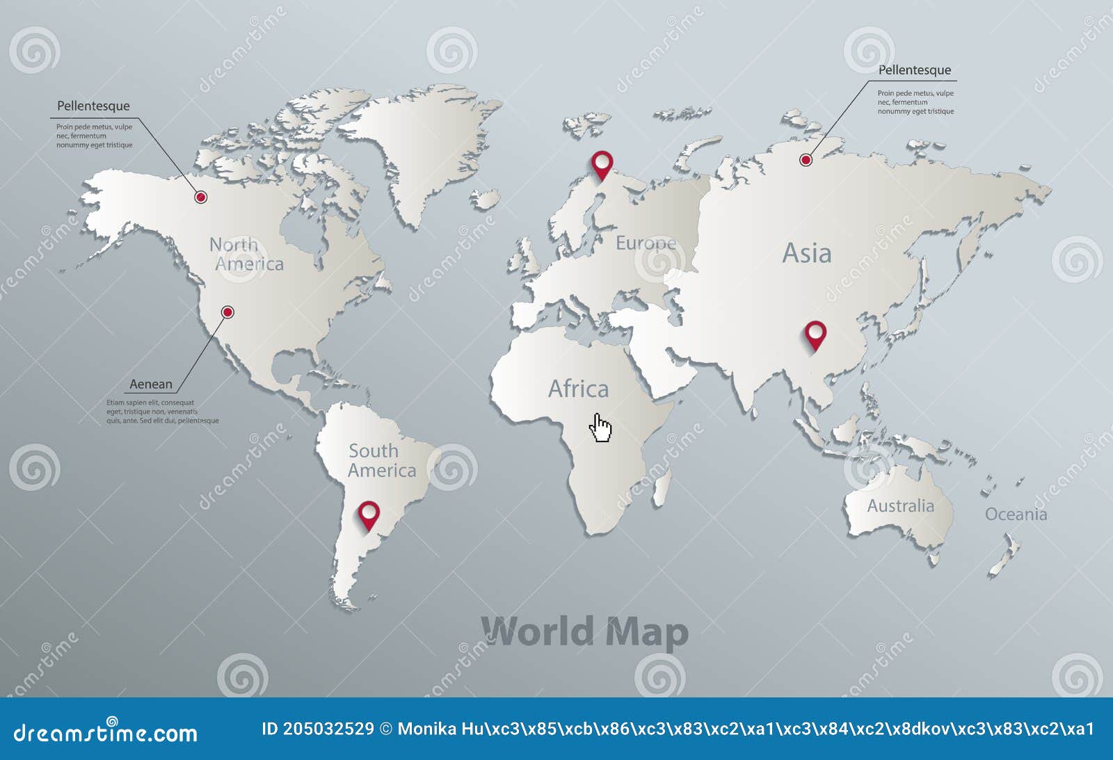 World Continents Map, with Names Continent, Blue White Card Paper 3D ...