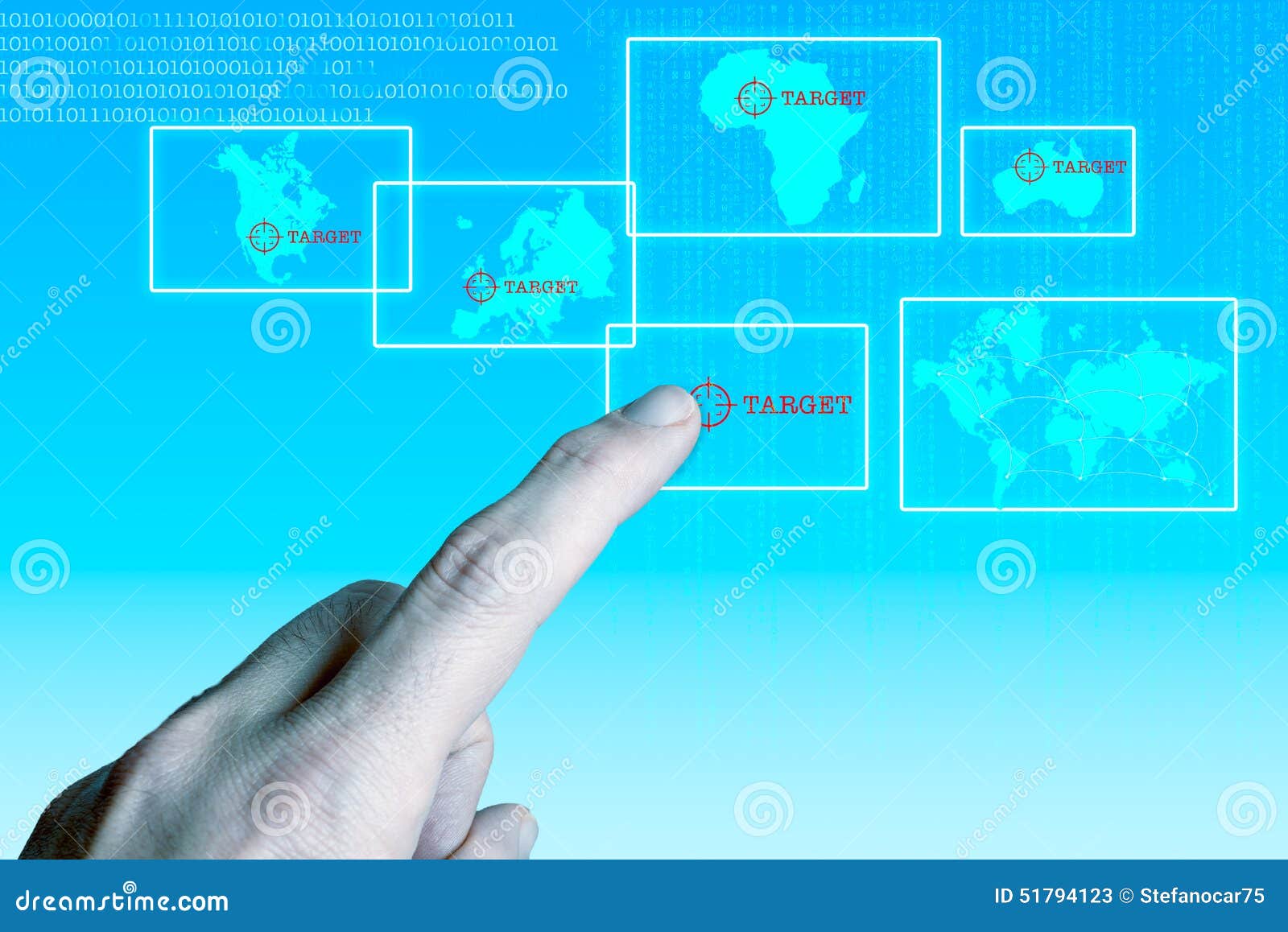 World and Continents Maps with a Finger Targeting Stock Image - Image ...