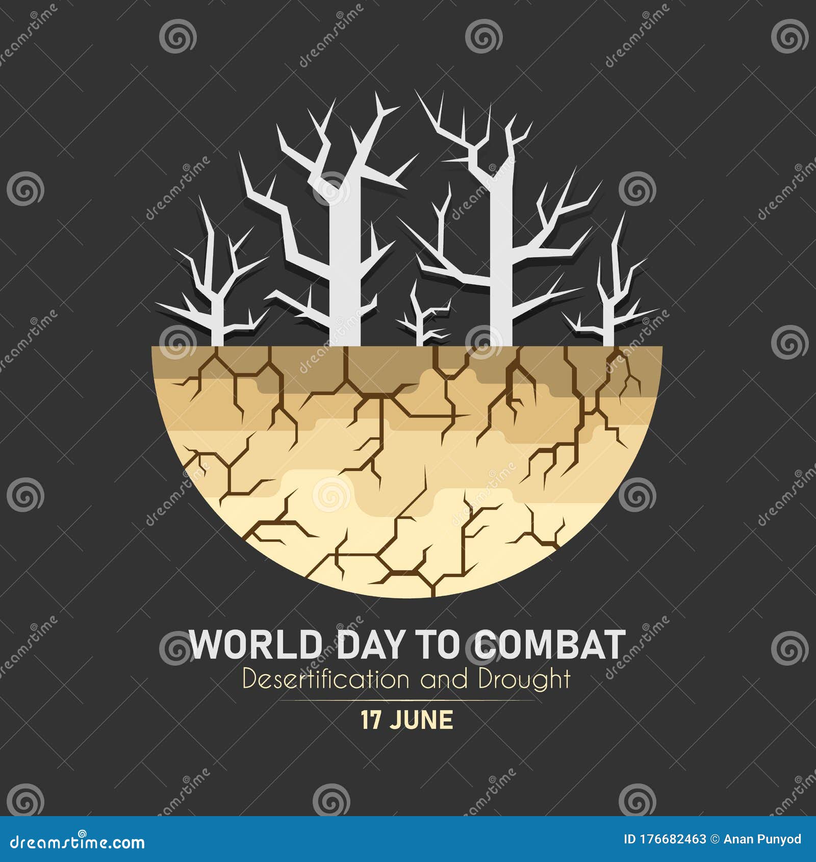 World Day Combat Desertification and Drought Banner with Dry Trees and ...