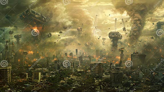 World Destruction Concept. Artificial Intelligence Robots Aliens ...