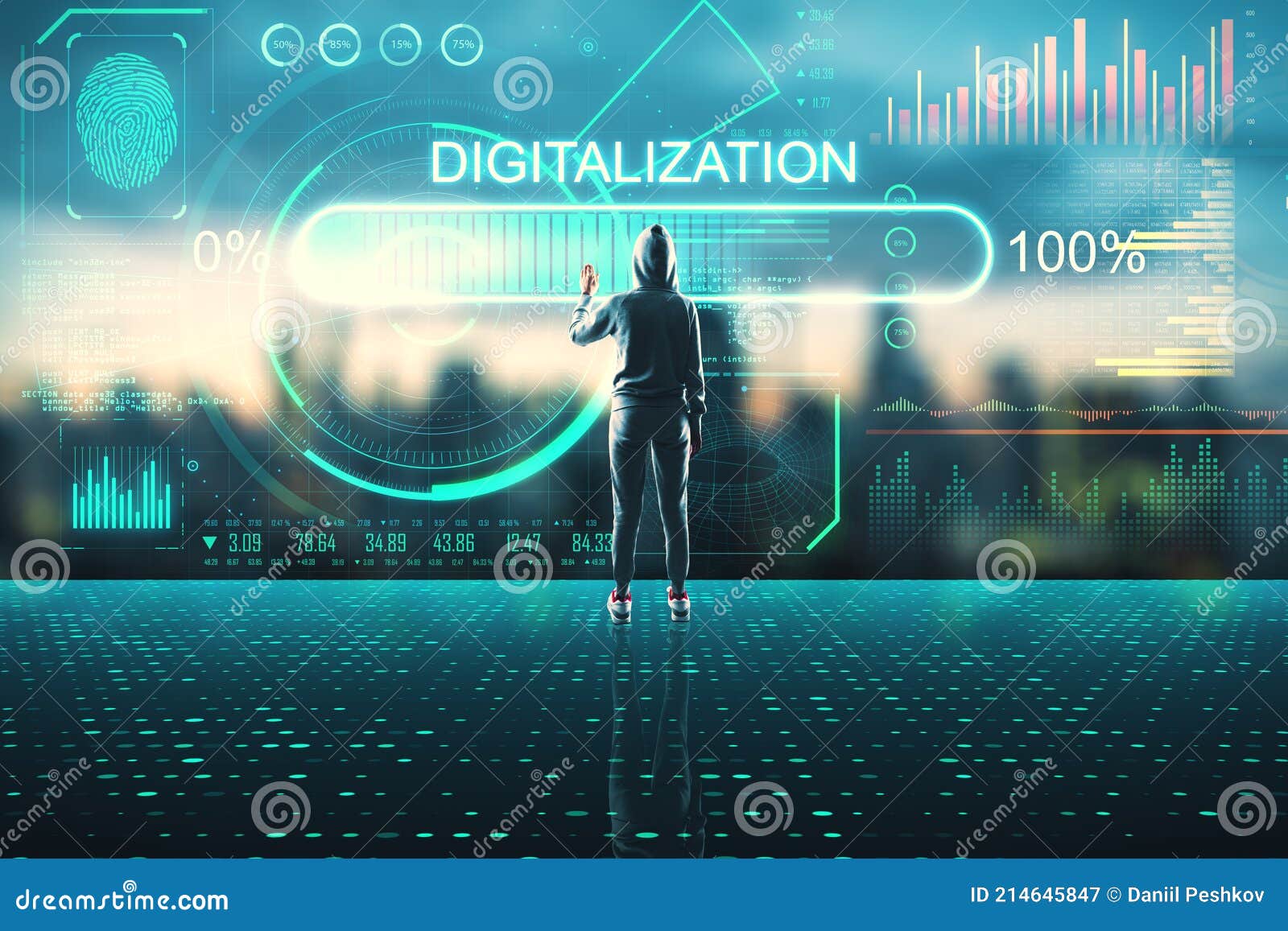 World Digitalization Concept with Man in Sport Suit and His Hand on ...