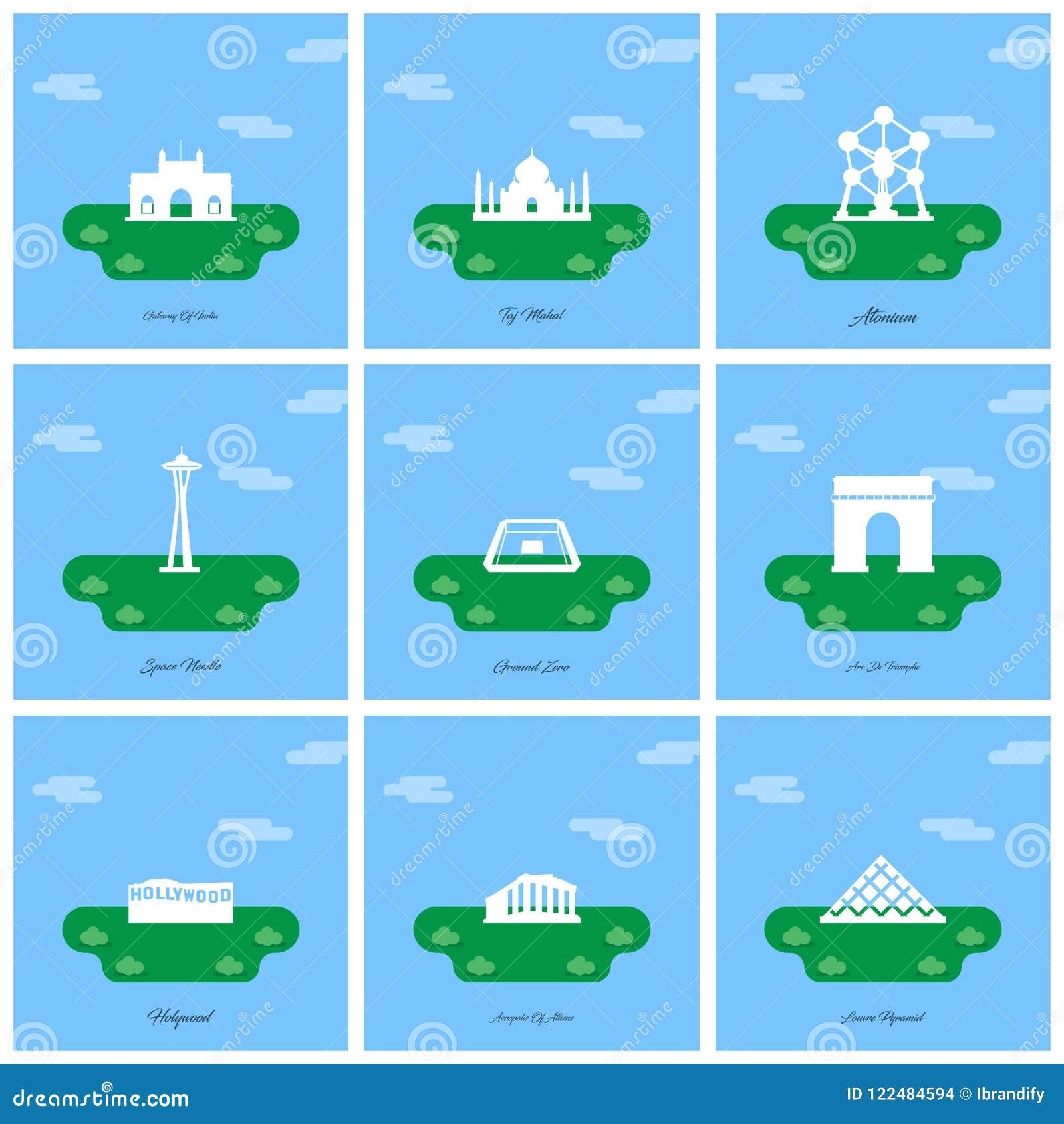 World Famous Monuments and Landmarks Design with Light Blue Back Stock ...