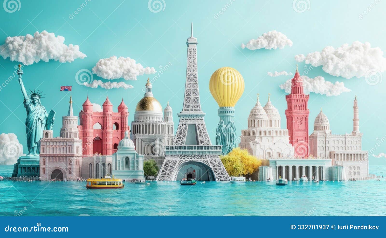 World Famous Monuments Surrounding Eiffel Tower on Miniature Stylized ...