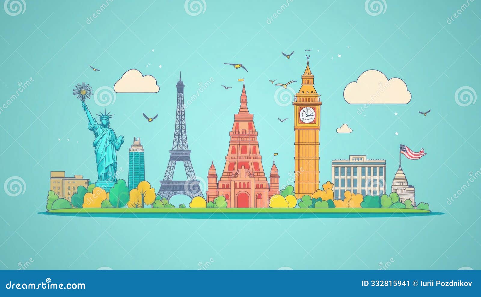 World Famous Monuments Surrounding Eiffel Tower on Miniature Stylized ...