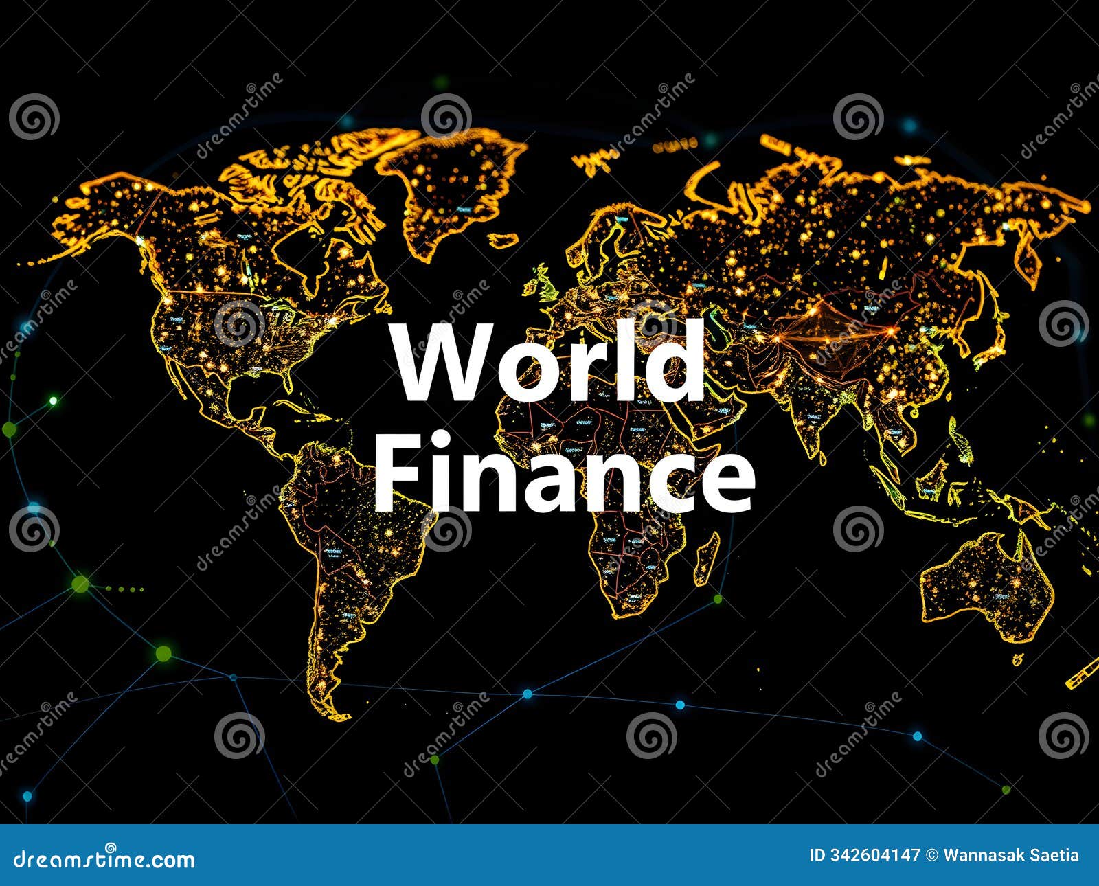 World Finance on World Map, Glowing Lines on Black Background. Stock ...