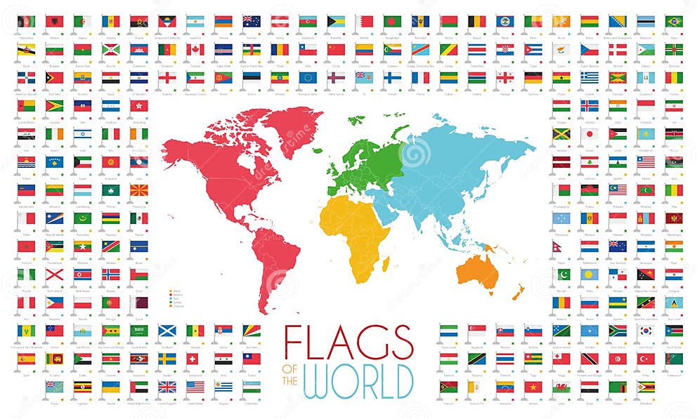 204 World Flags with World Map by Continents Vector Illustration Stock ...