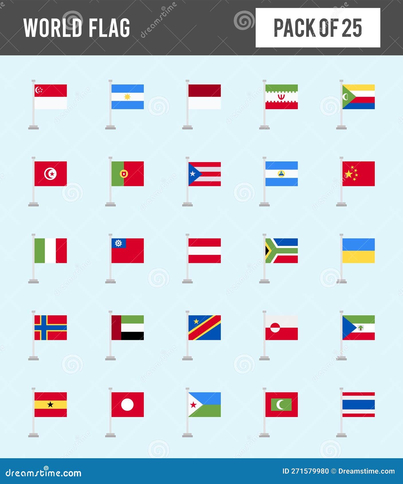 25 World Flags Pole. Icons Pack. Vector Illustration Stock Vector ...