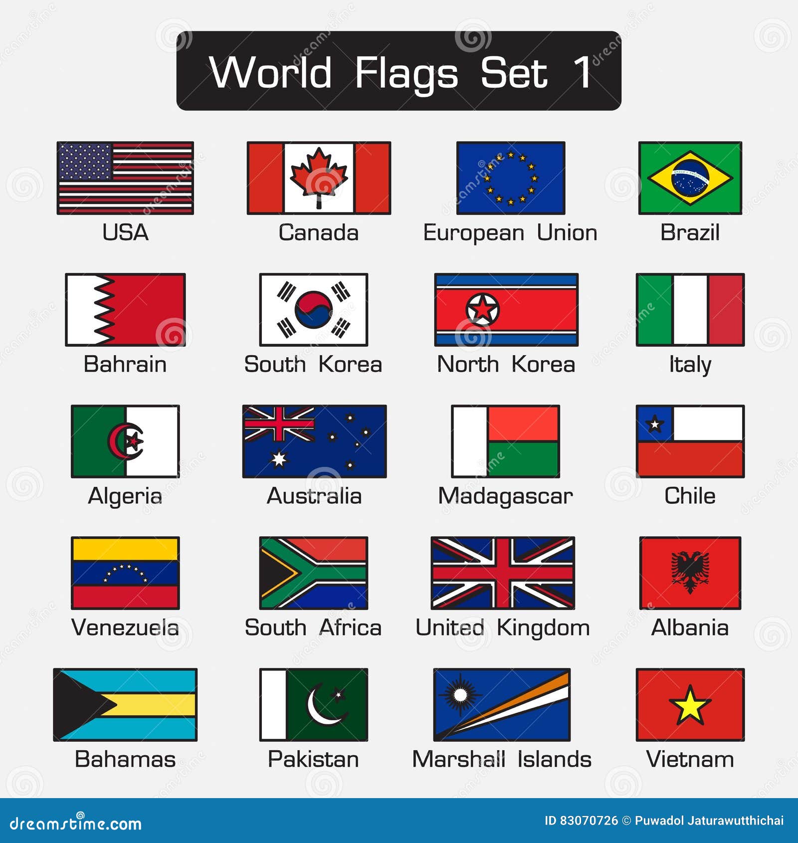 World Flags Set 1 . Simple Style and Flat Design . Thick Outline Stock ...