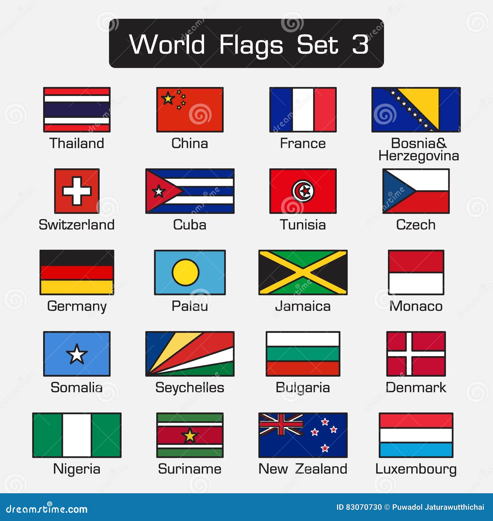 World Flags Set 3 . Simple Style and Flat Design . Thick Outline Stock ...
