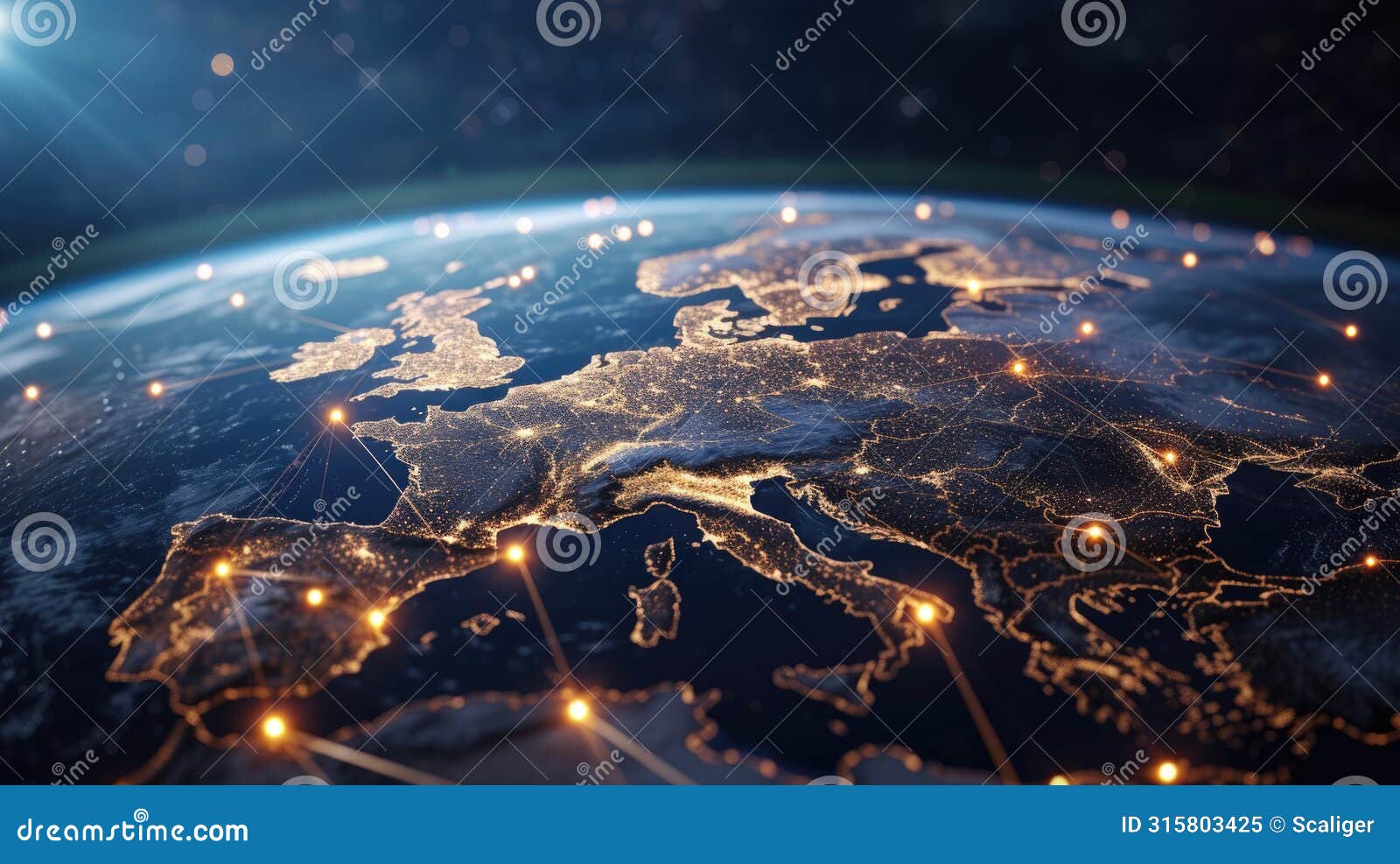World Global Network in Europe, Digital Polygonal Grid and Lights on ...