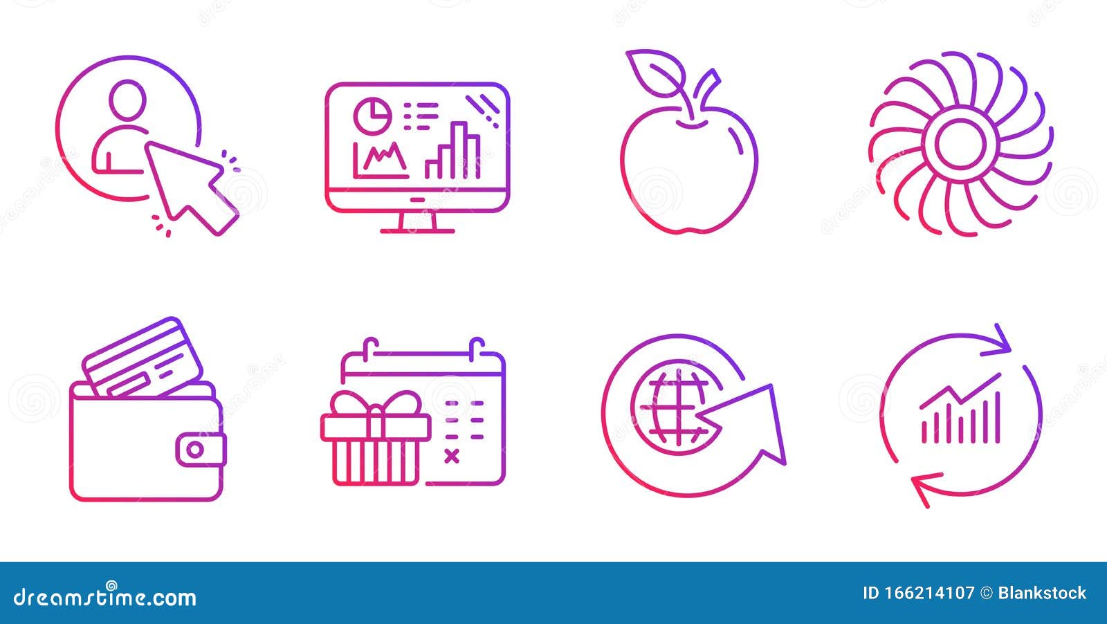 World Globe, User and Fan Engine Icons Set. Debit Card, Analytics Graph ...