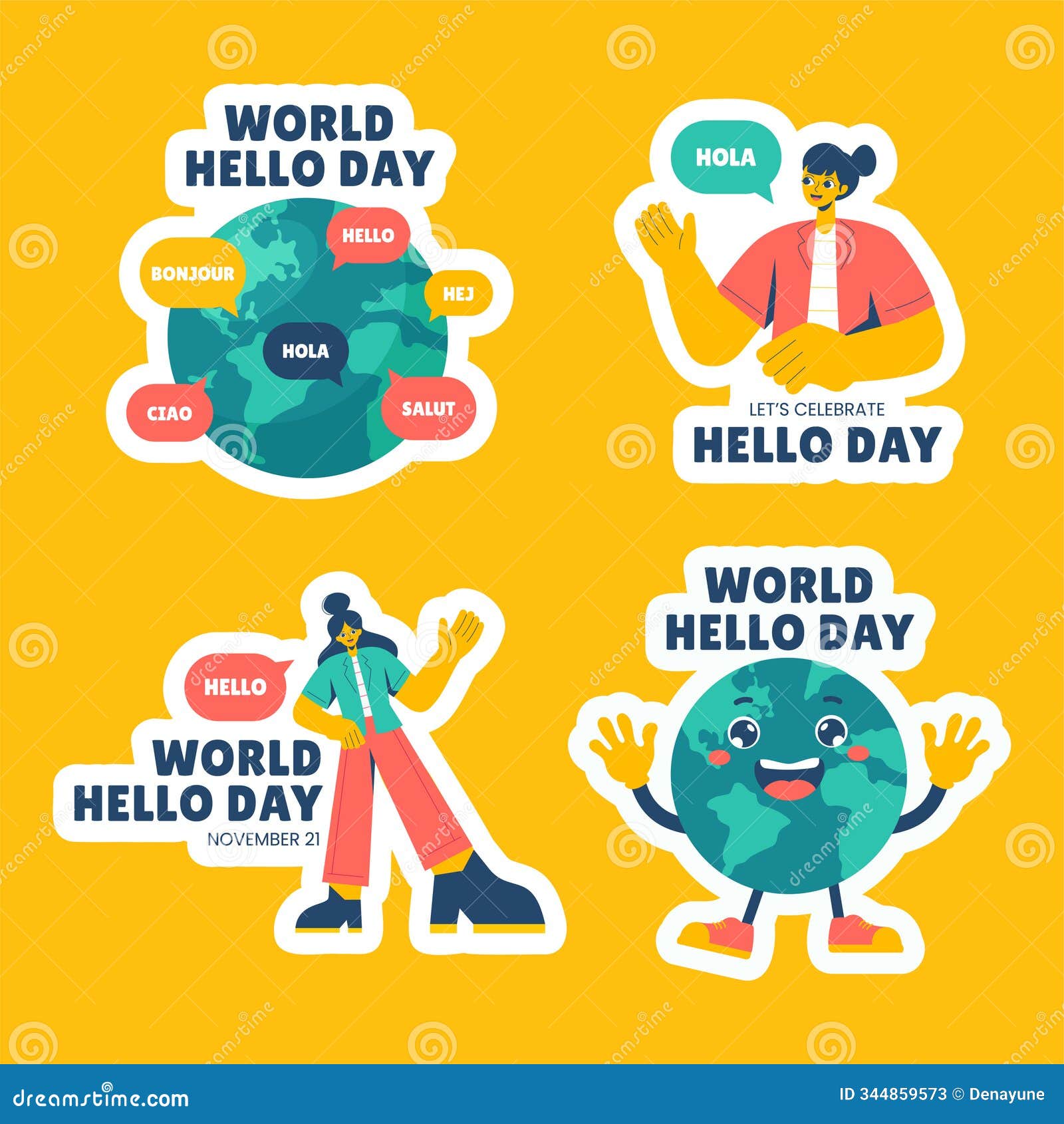 World Hello Day Label Vector in Flat Cartoon Style Illustration Stock ...