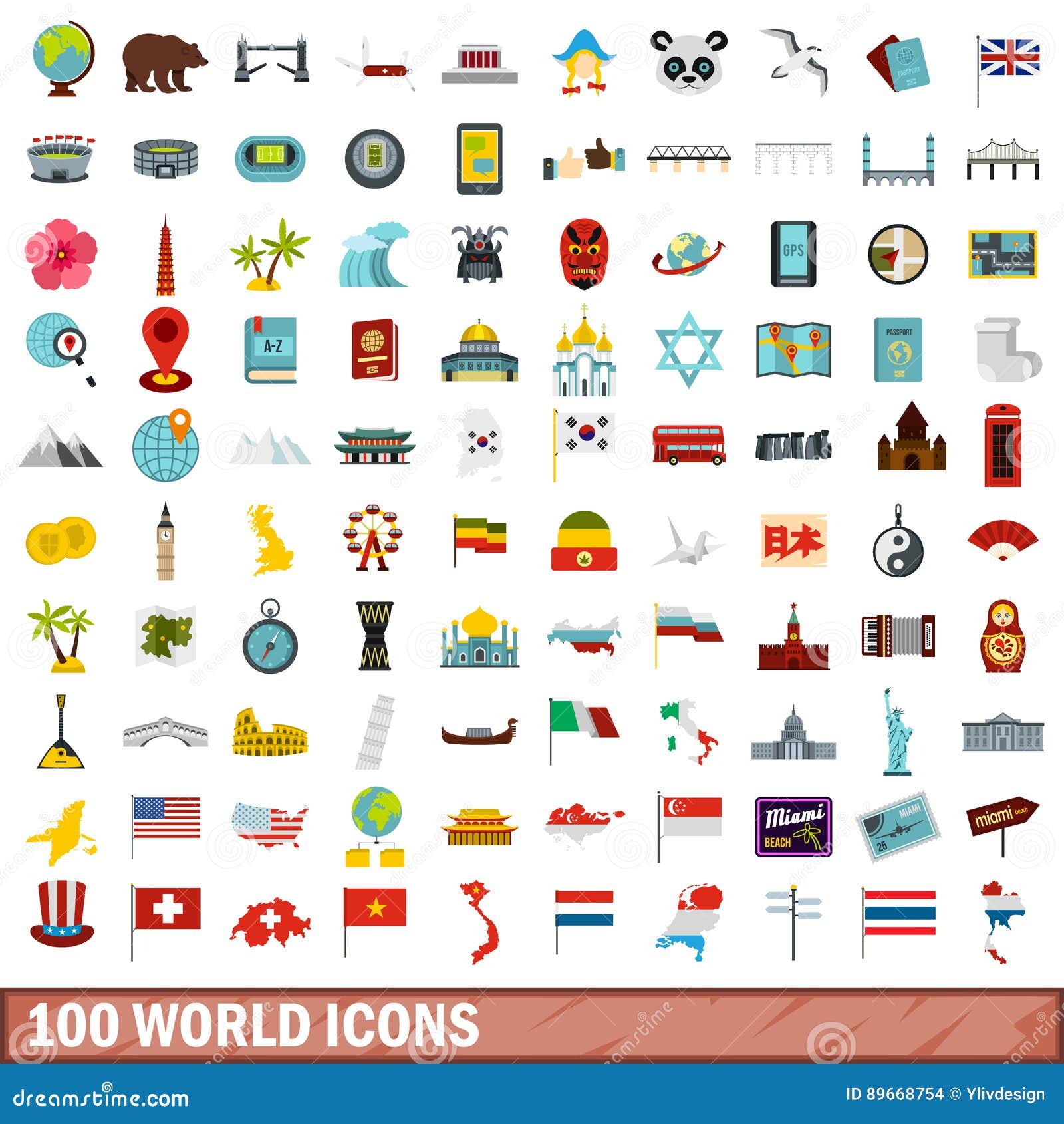 100 World Icons Set, Flat Style Editorial Stock Image - Illustration of ...