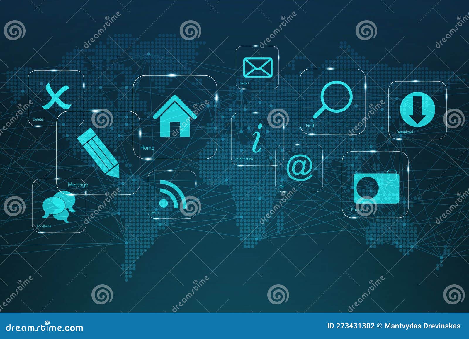 World Internet Communication Logos On A Map Of All Continents Royalty ...