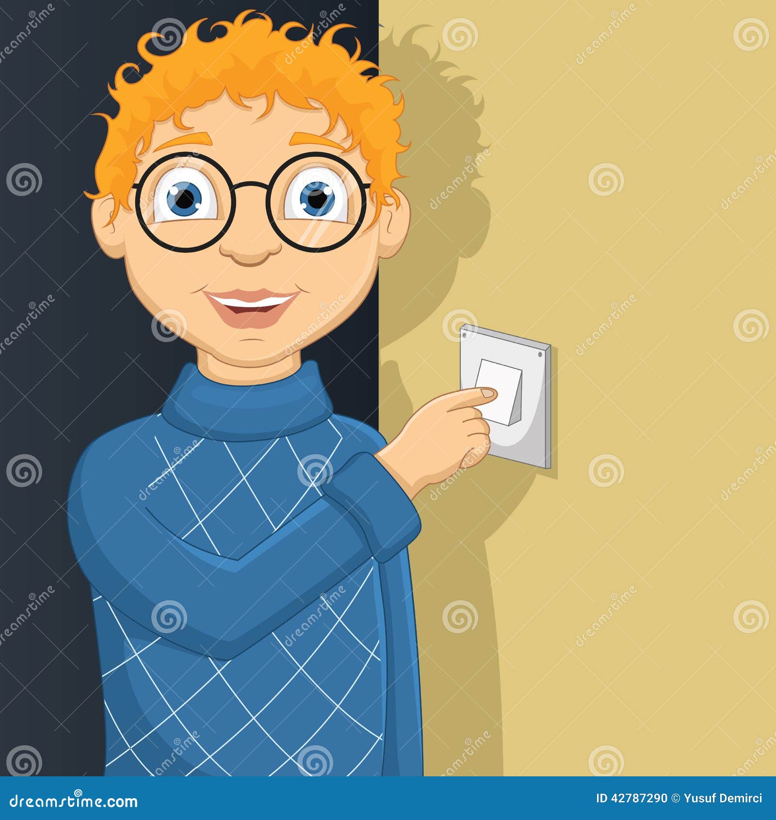 Vector Illustration of a Little Boy Switching on L Stock Vector ...