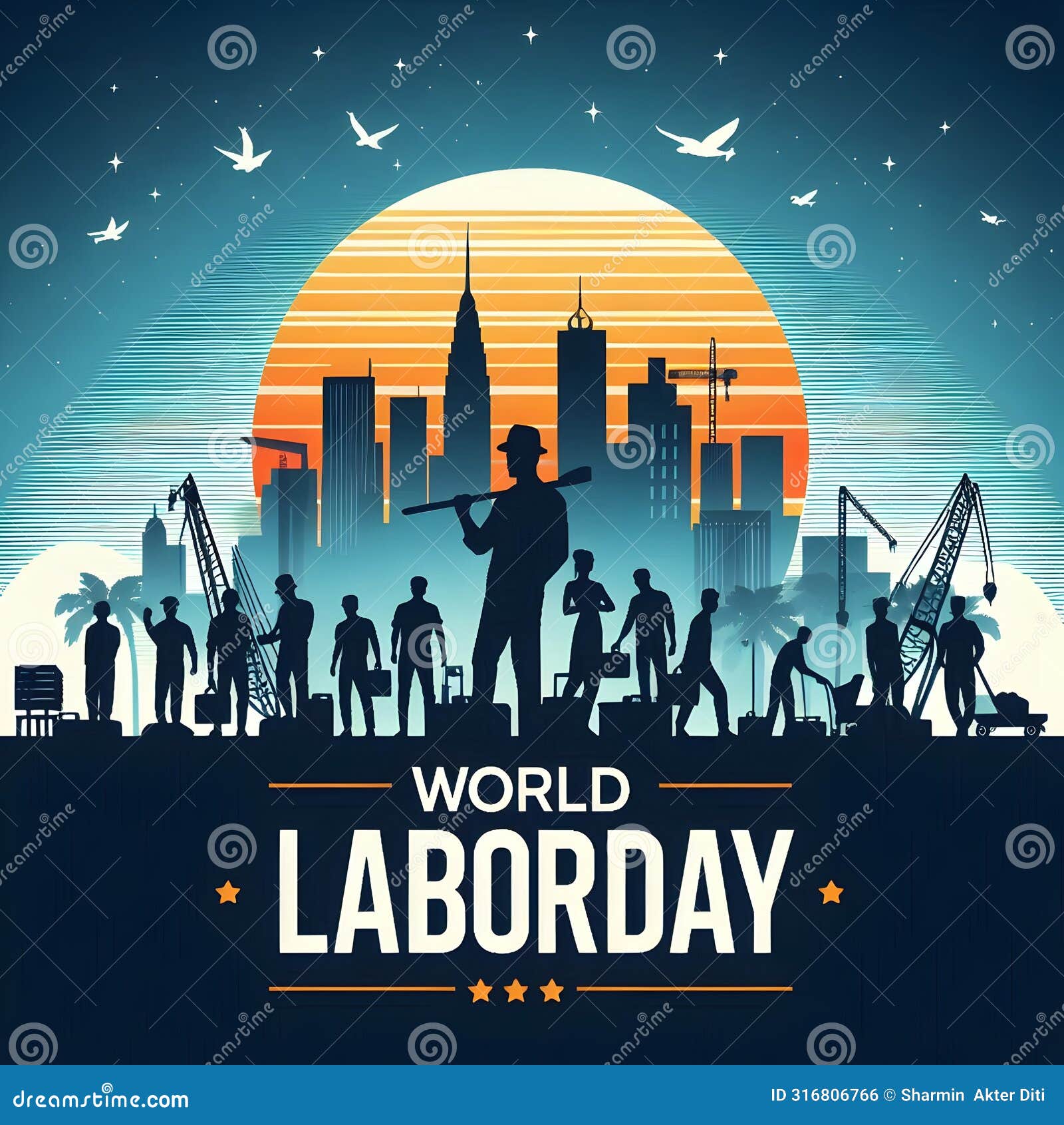 World Labor Day Concept with Workers Silhouettes on Sunset Background ...