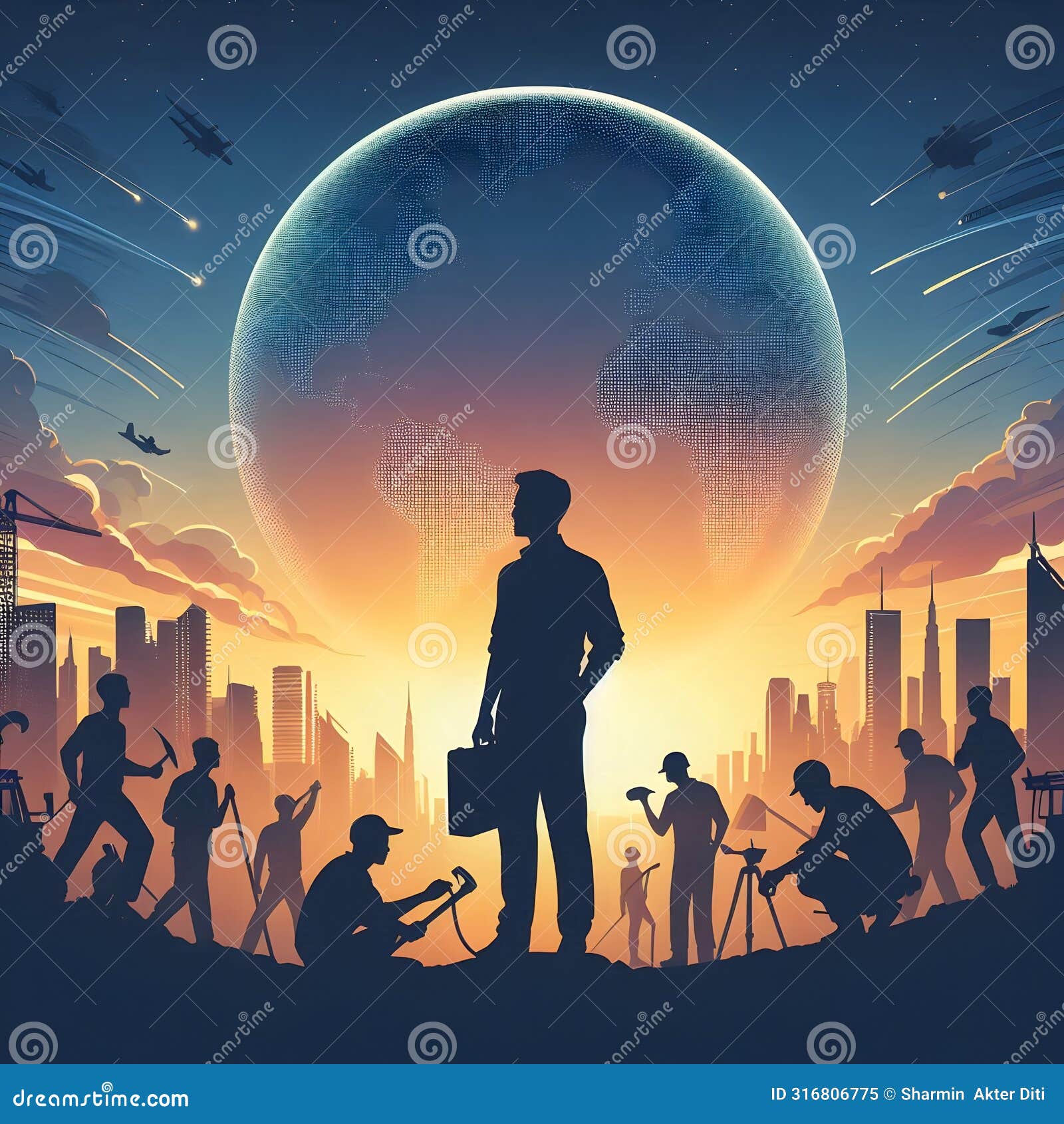 World Labor Day Concept with Workers Silhouettes on Sunset Background ...