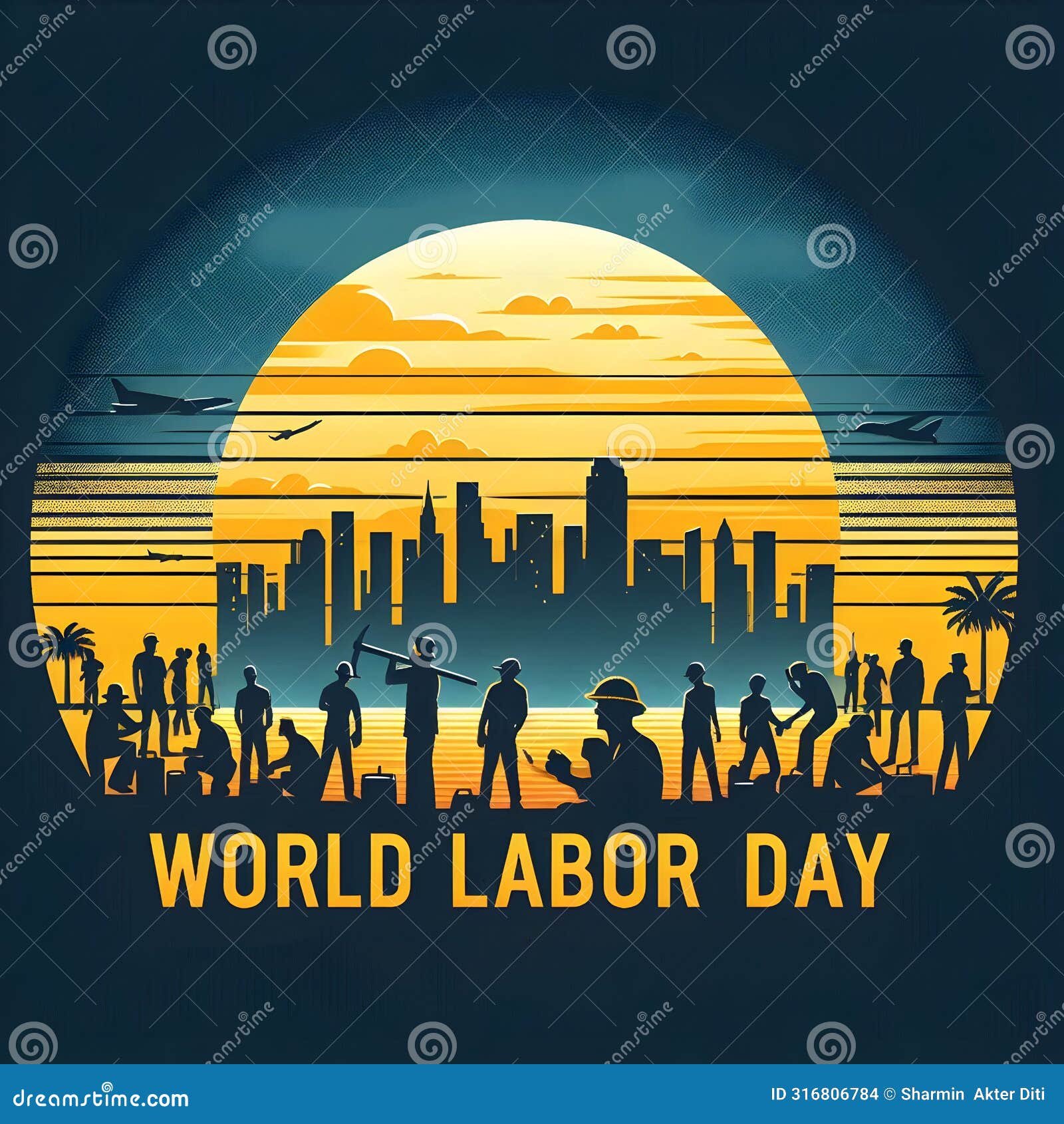 World Labor Day Concept with Workers Silhouettes on Sunset Background ...