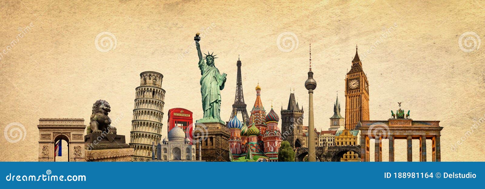 World Landmarks and Famous Monuments Collage Isolated on Panoramic ...