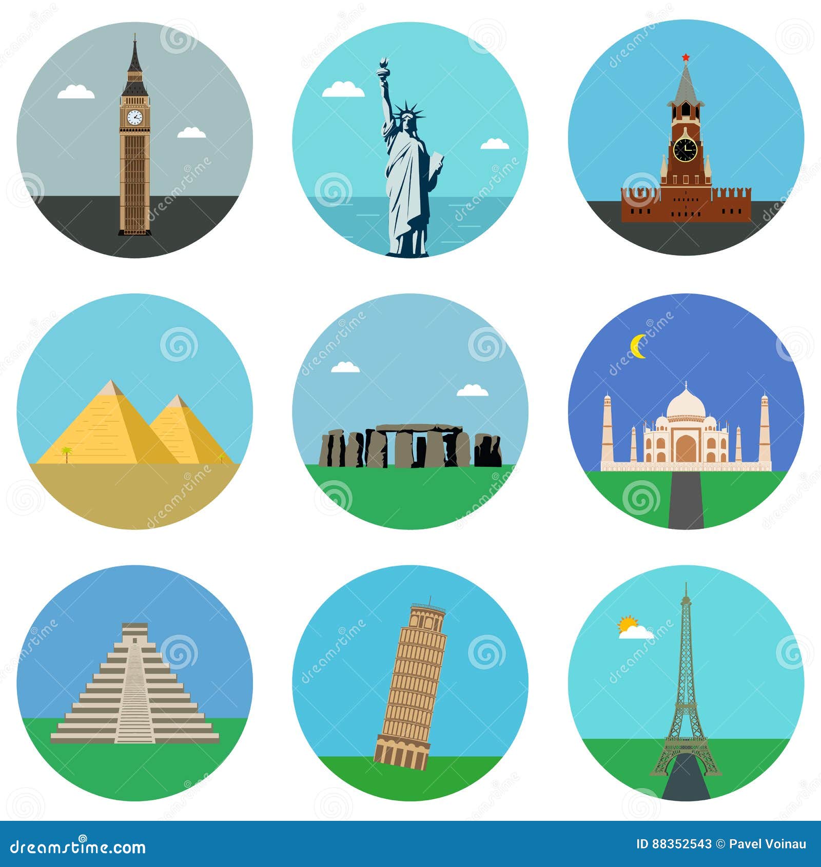 World Landmarks Flat Icons Set. Vector Stock Vector - Illustration of ...
