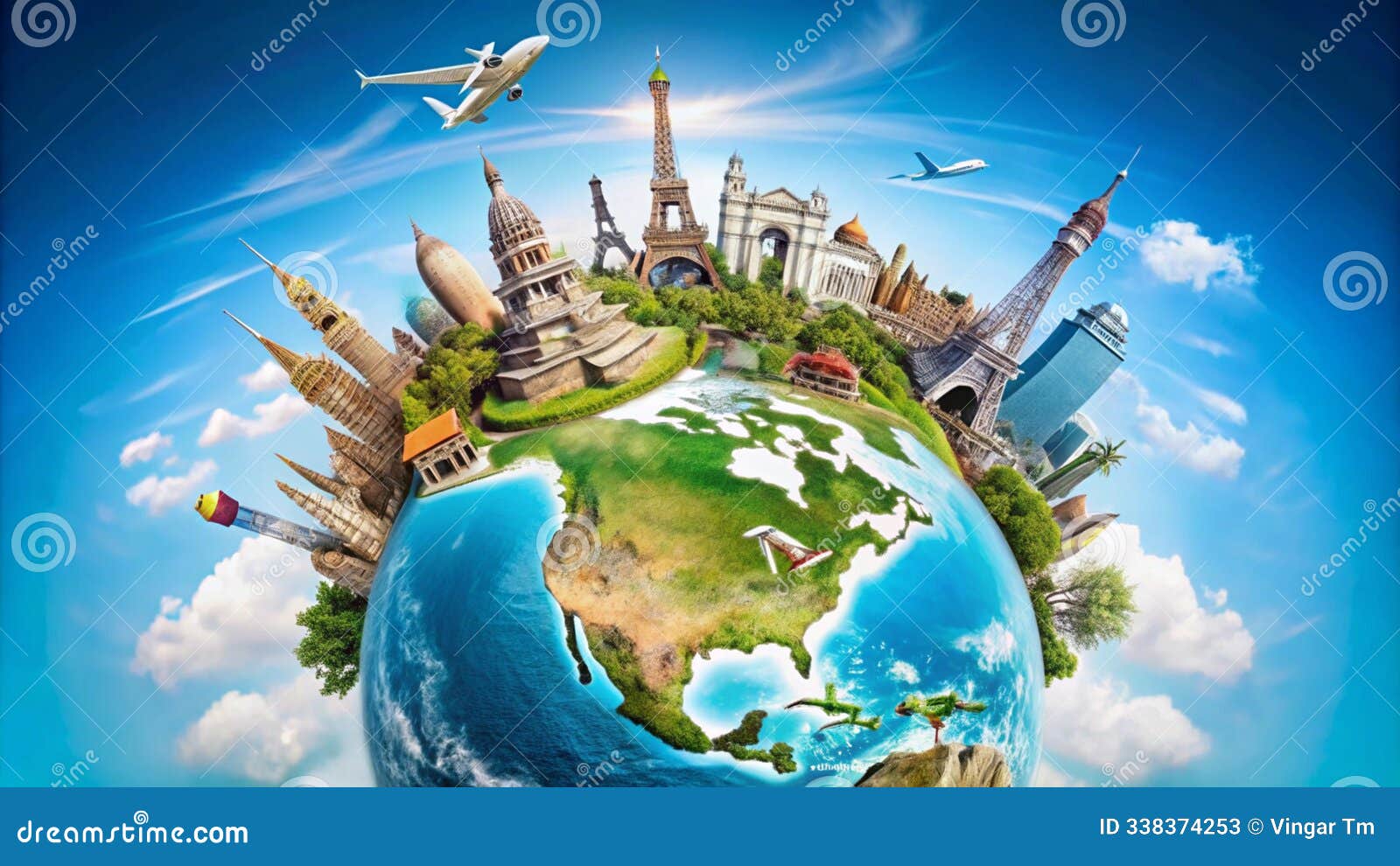 World Landmarks on a Globe, Surrounded by Clouds and Flying Airplanes ...