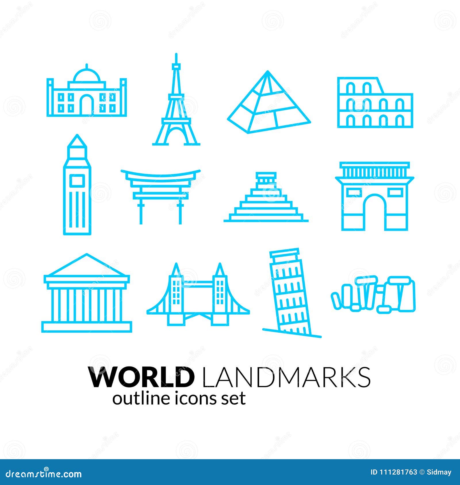 World Landmarks Outline Icons Set Stock Vector - Illustration of italy ...