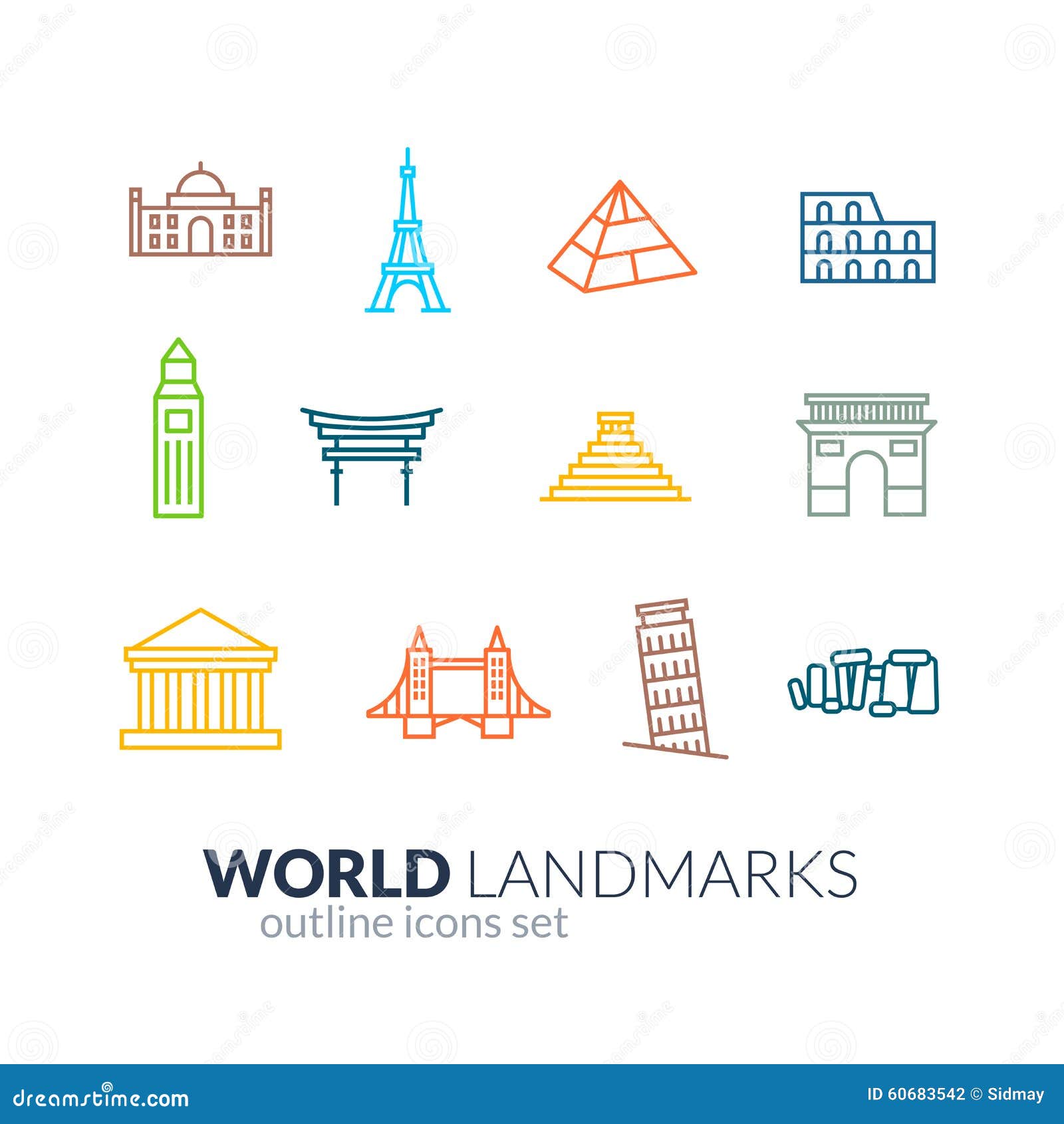 World Landmarks Outline Icons Set Stock Vector - Illustration of japan ...