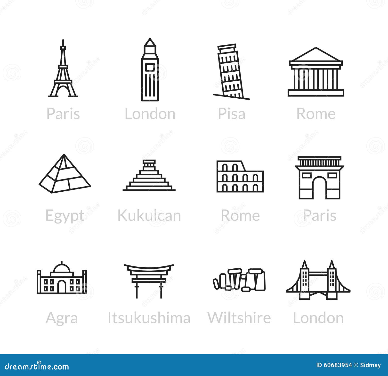 World Landmarks Outline Icons Set Stock Vector - Illustration of ...