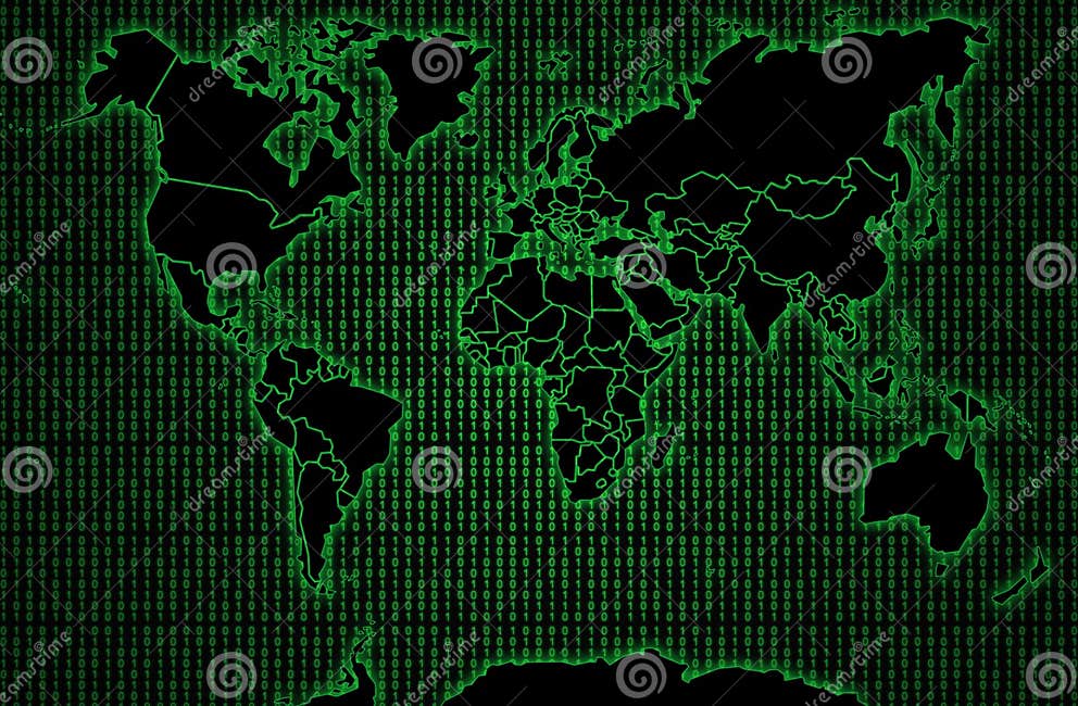 World Map Against a Green Binary Code Stock Illustration - Illustration of screen, glowing ...
